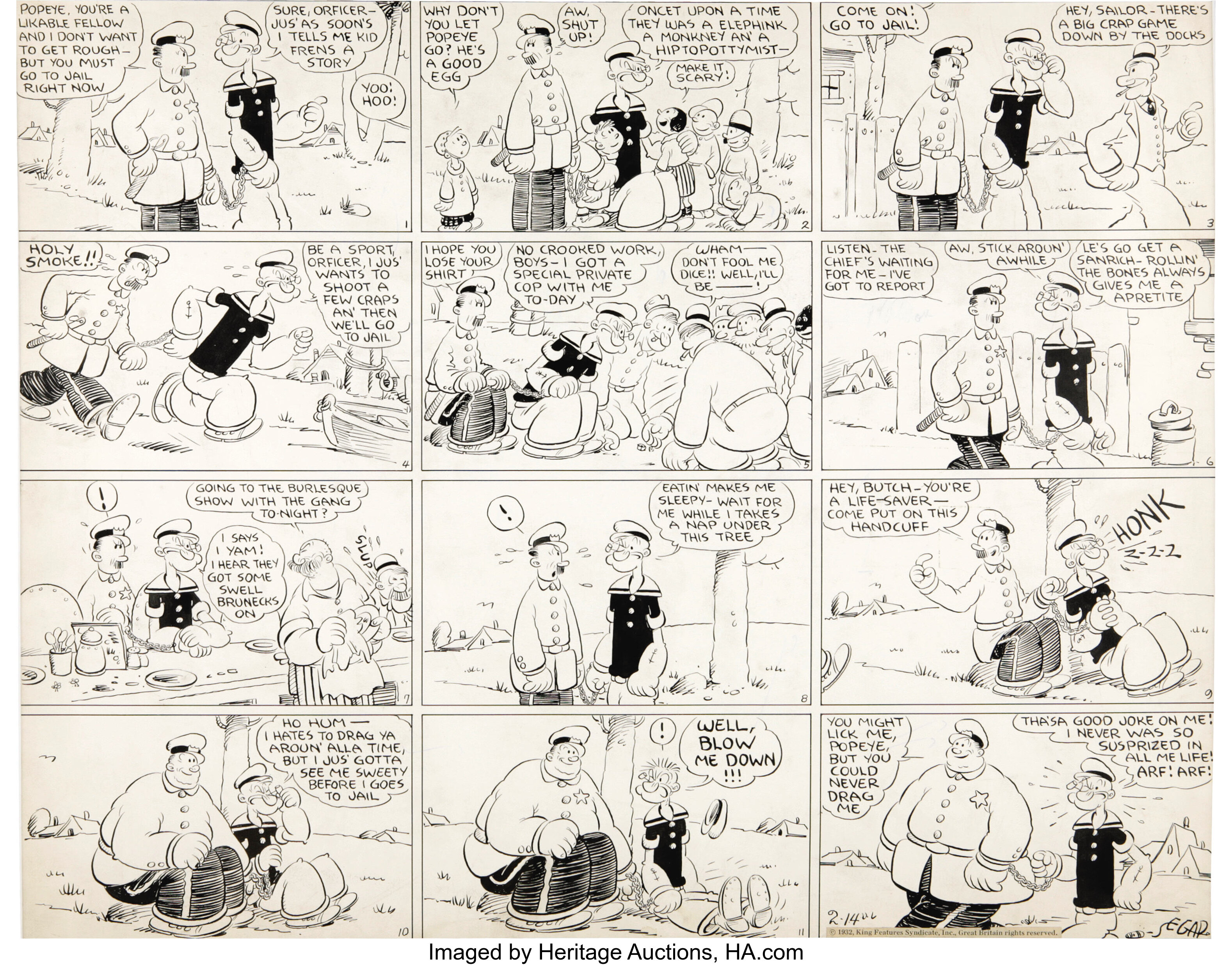 E C Segar Popeye Sunday Comic Strip Original Art Dated 2 14 32 3699
