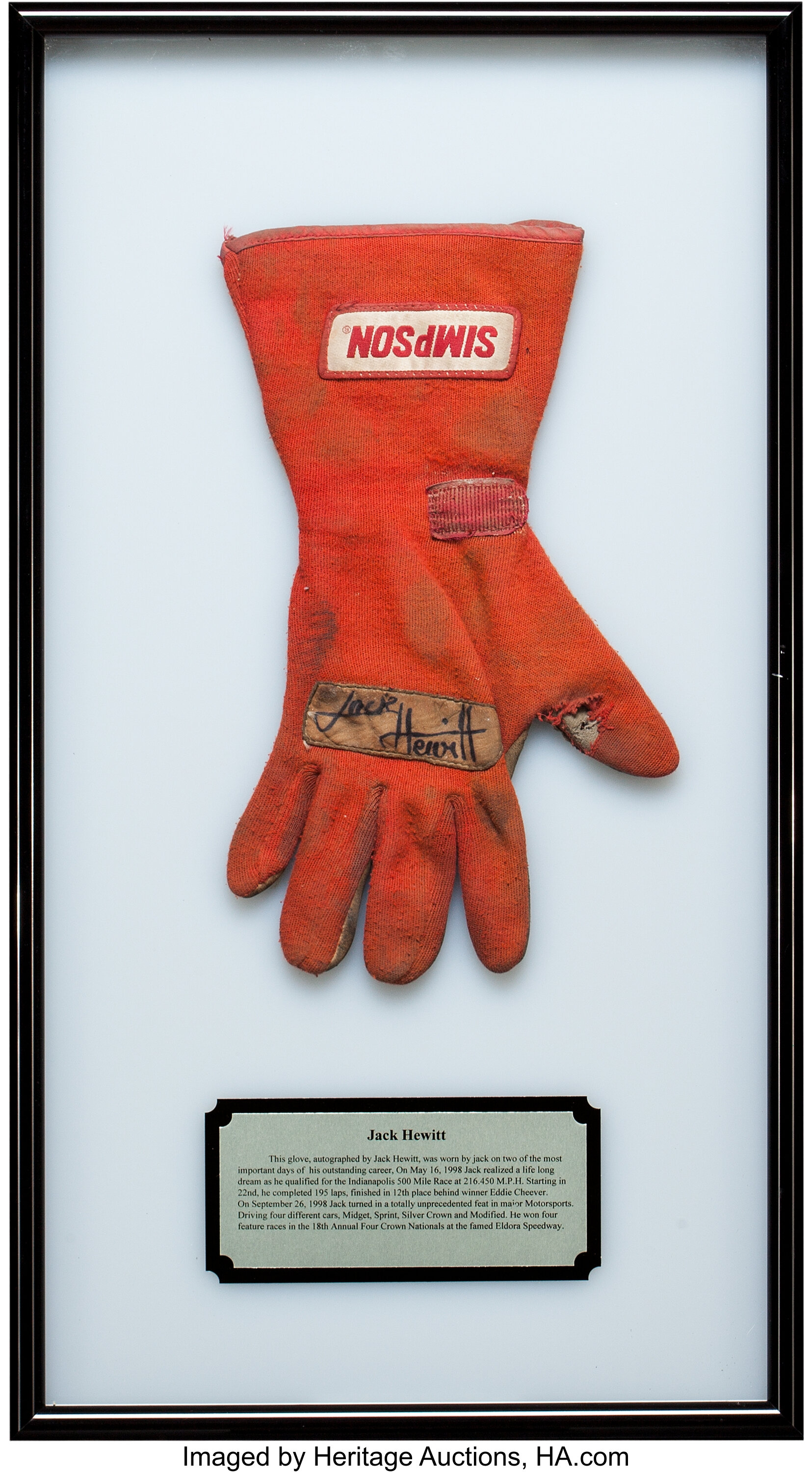 1998 Jack Hewitt Race Worn Signed Glove. ... Miscellaneous | Lot #80456 ...