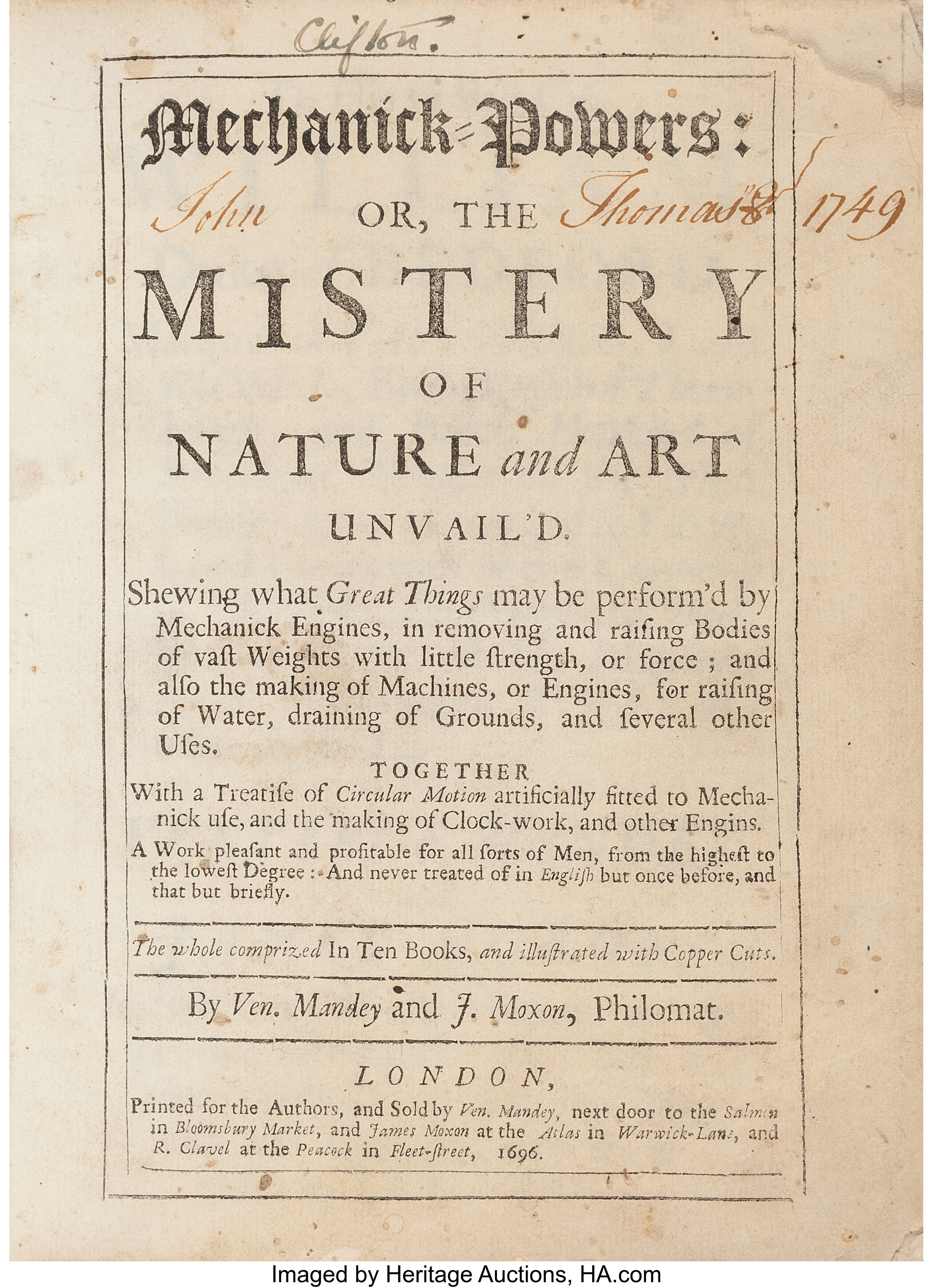 Venterus Mandey, James Moxon. Mechanick Powers: ... Mistery Of | Lot ...