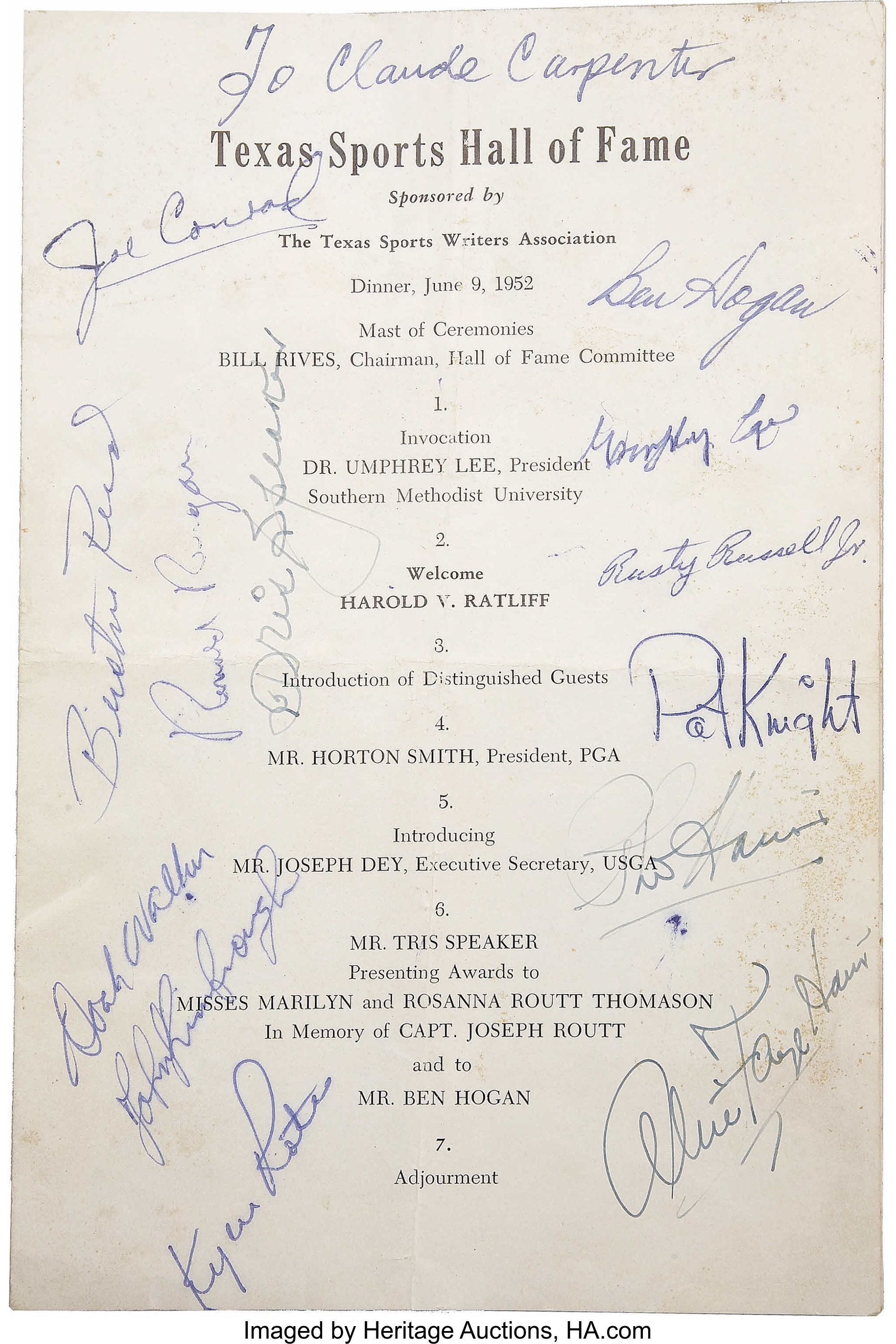 Texas Sports Hall of Fame Luncheon Program Autographed. A dinner | Lot ...