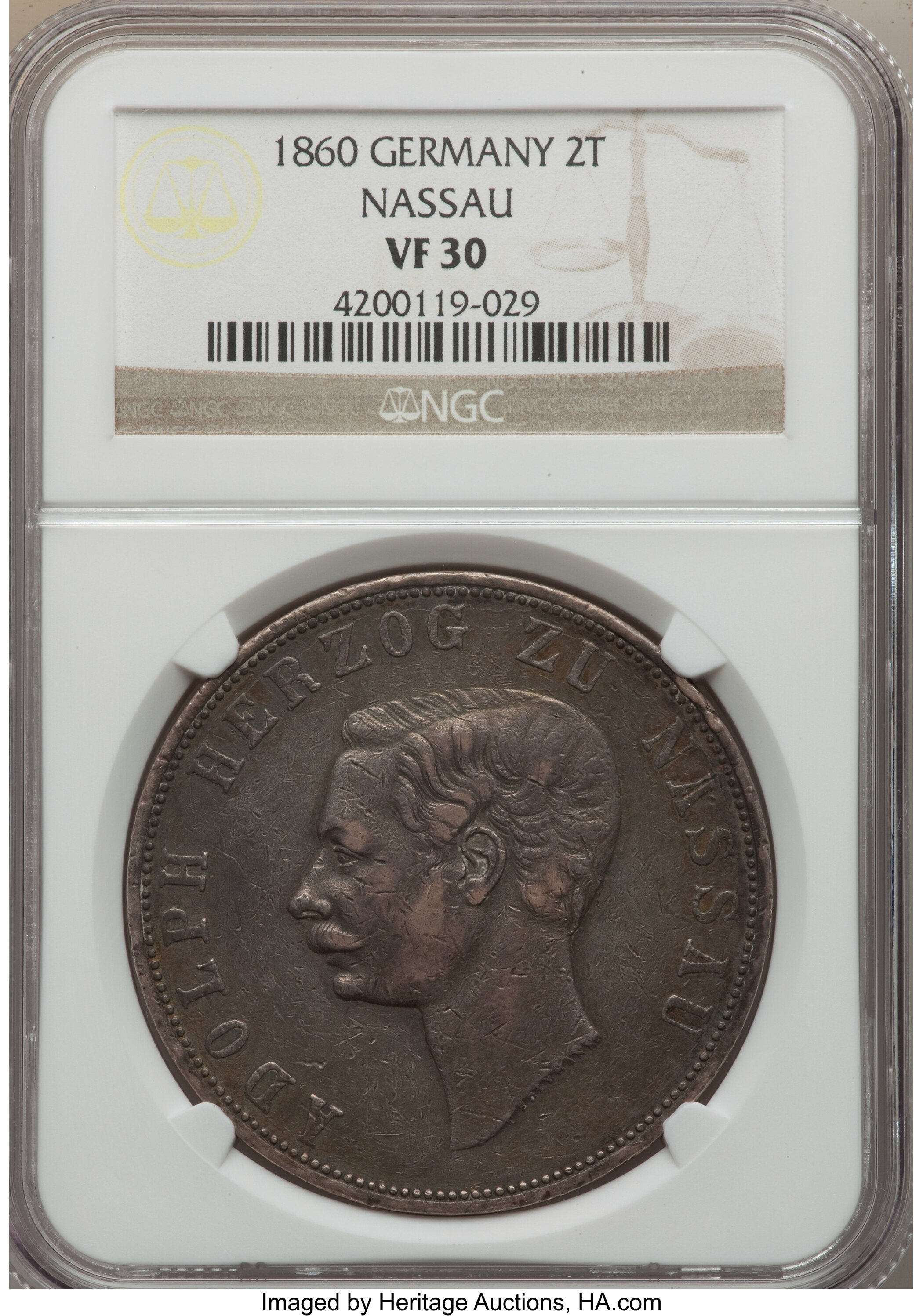 German States: Nassau. Adolf 2 Taler 1860 VF30 NGC,... German | Lot ...