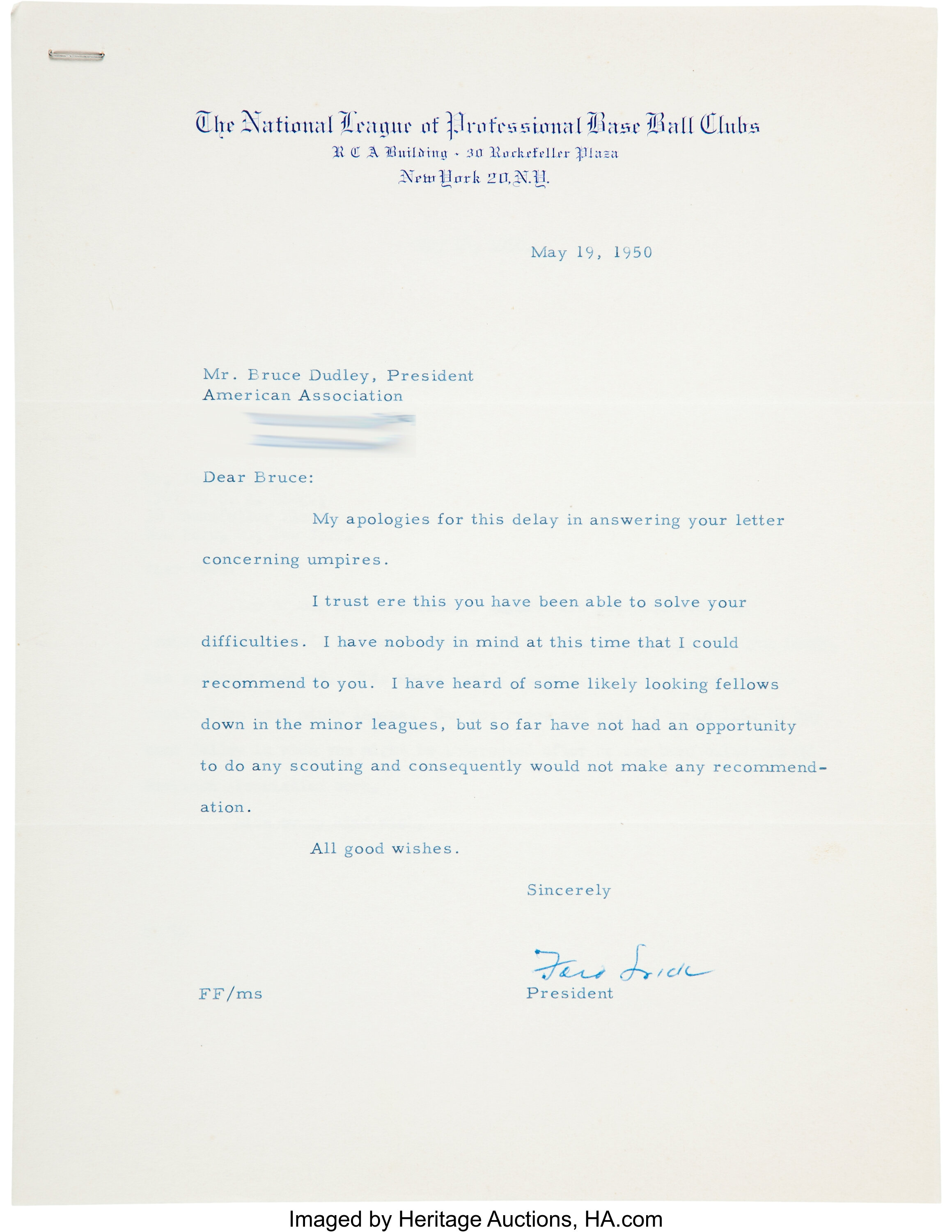 1935-61 Warren Giles, William Harridge & Ford Frick Signed Letters ...