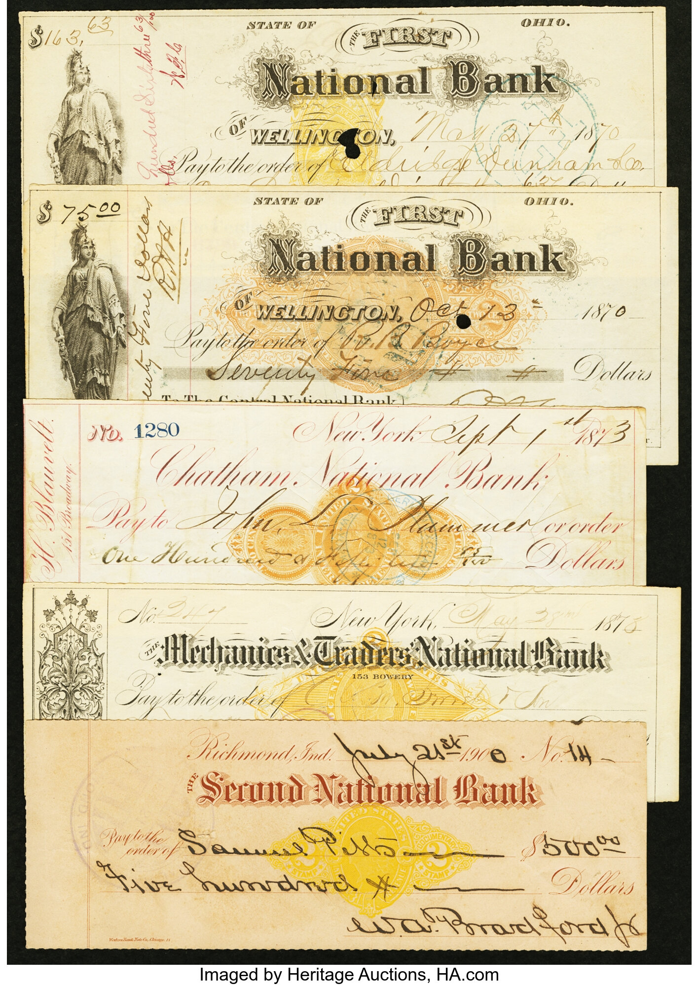 Checks with Revenue Imprints 1870-1900.. ... (Total: 5 items) | Lot ...
