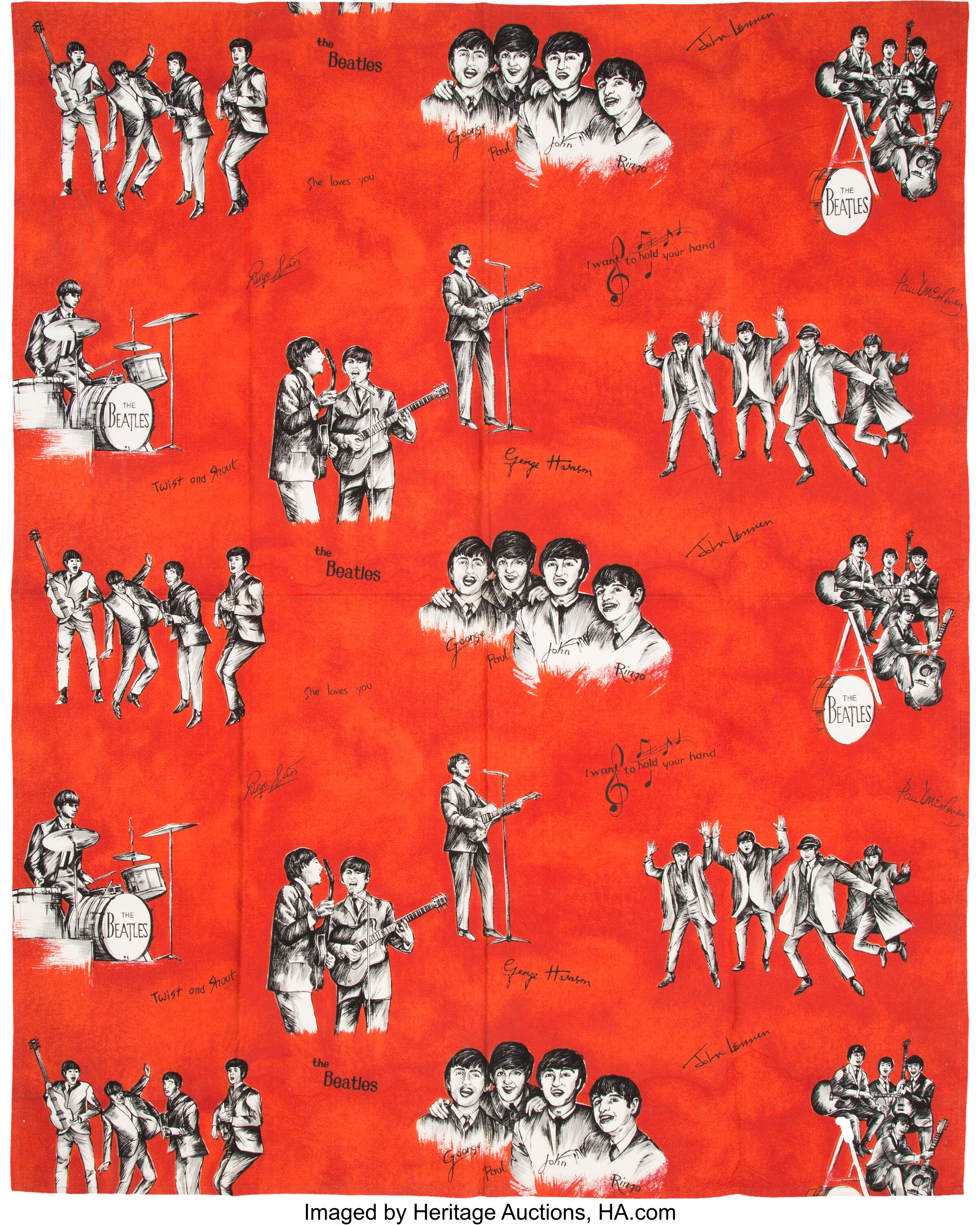 Beatles Vintage Panel in Red Made from Curtain Material (Holland, | Lot ...