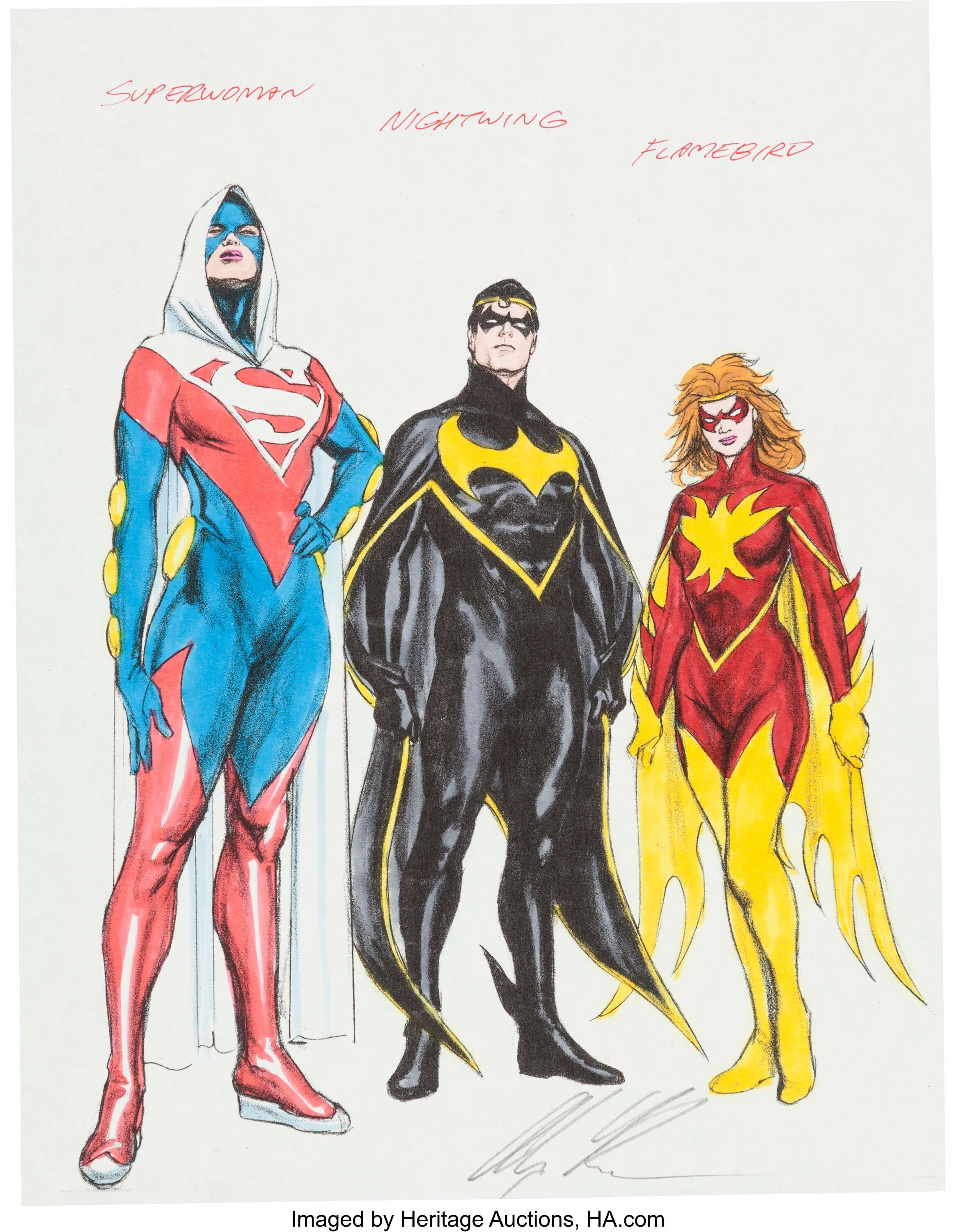 Alex Ross - Superwoman, Nightwing, and Flamebird Character Design | Lot ...