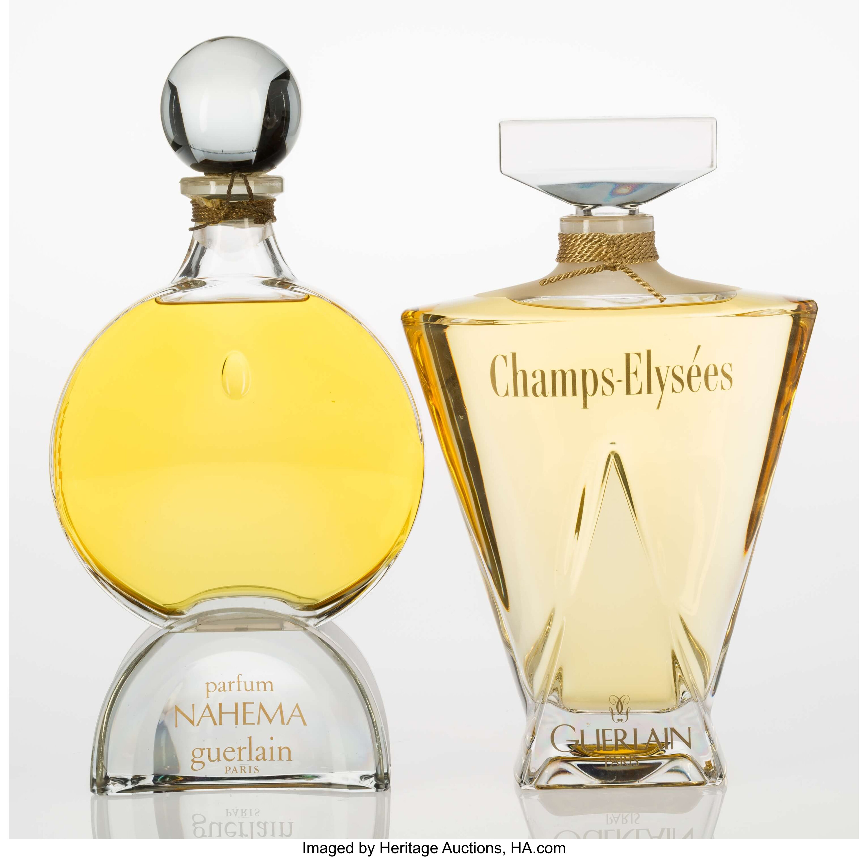 Two Clear Glass Guerlain Factice Bottles: Champs Elysees & Nahema ...