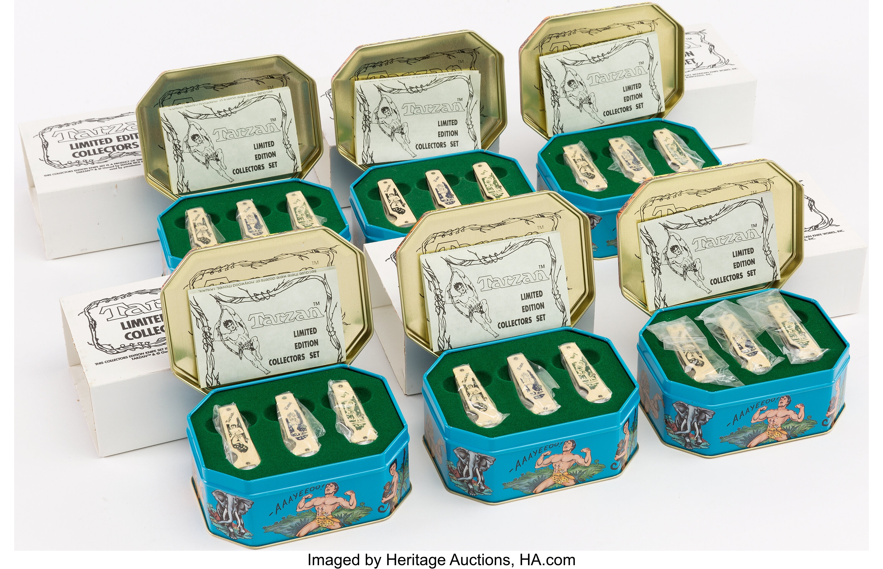[Tarzan]. Group of Six Tarzan Knife Sets in Boxes. [Smoky Mountain ...