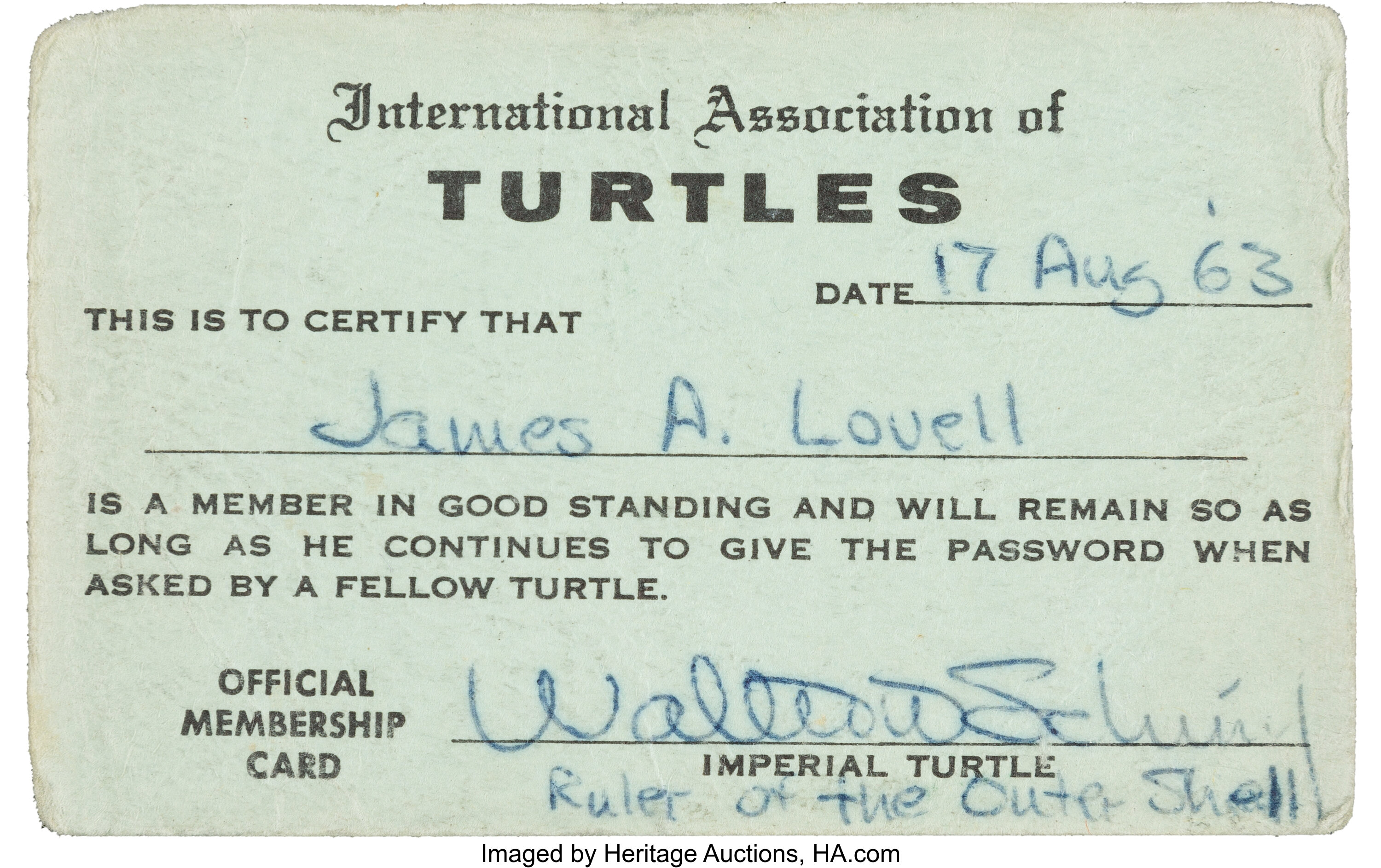 Jim Lovell's Original International Association of Turtles | Lot #50113 ...