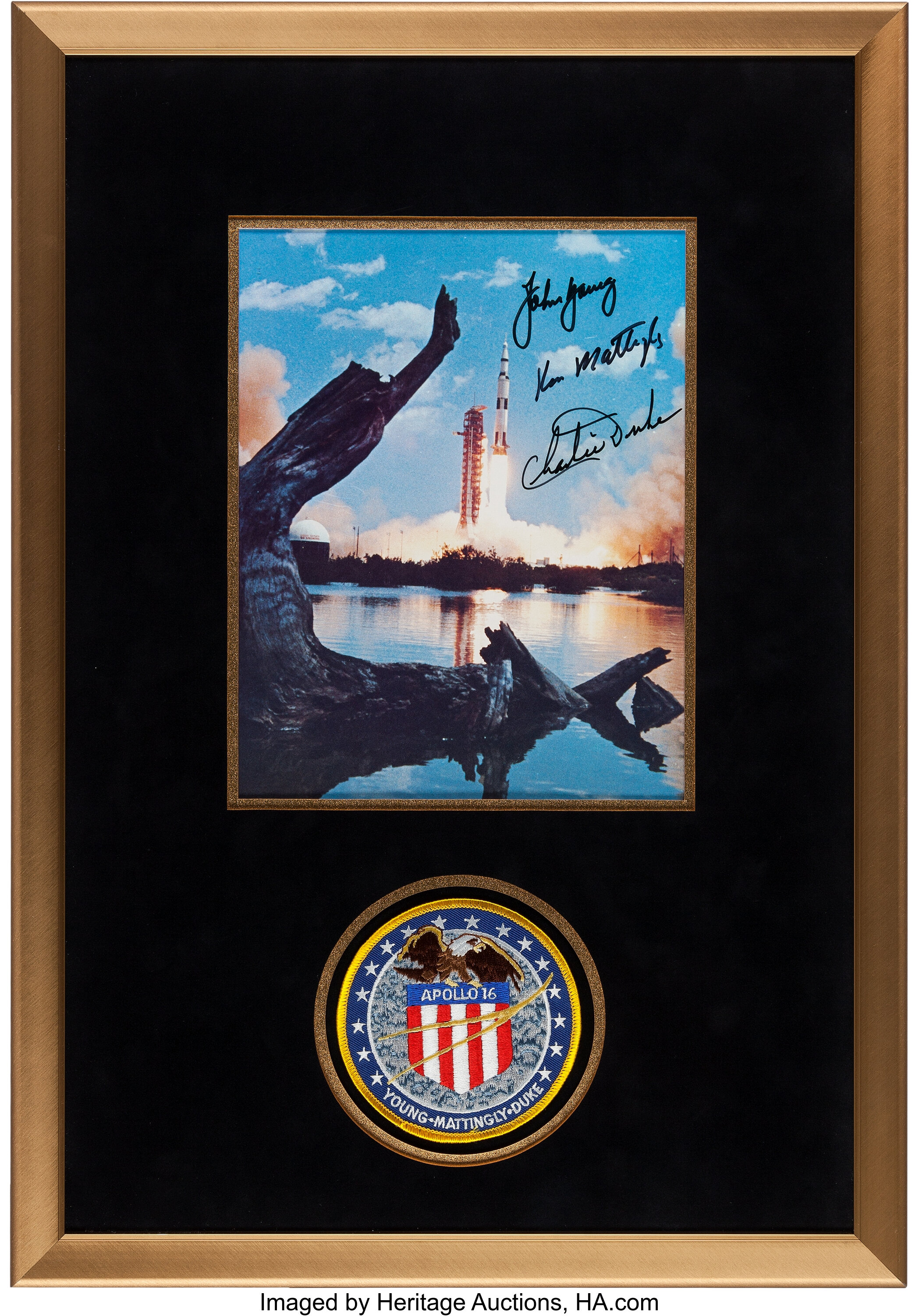 Apollo 16 Crew-Signed Launch Color Photo in Framed Display, with | Lot ...