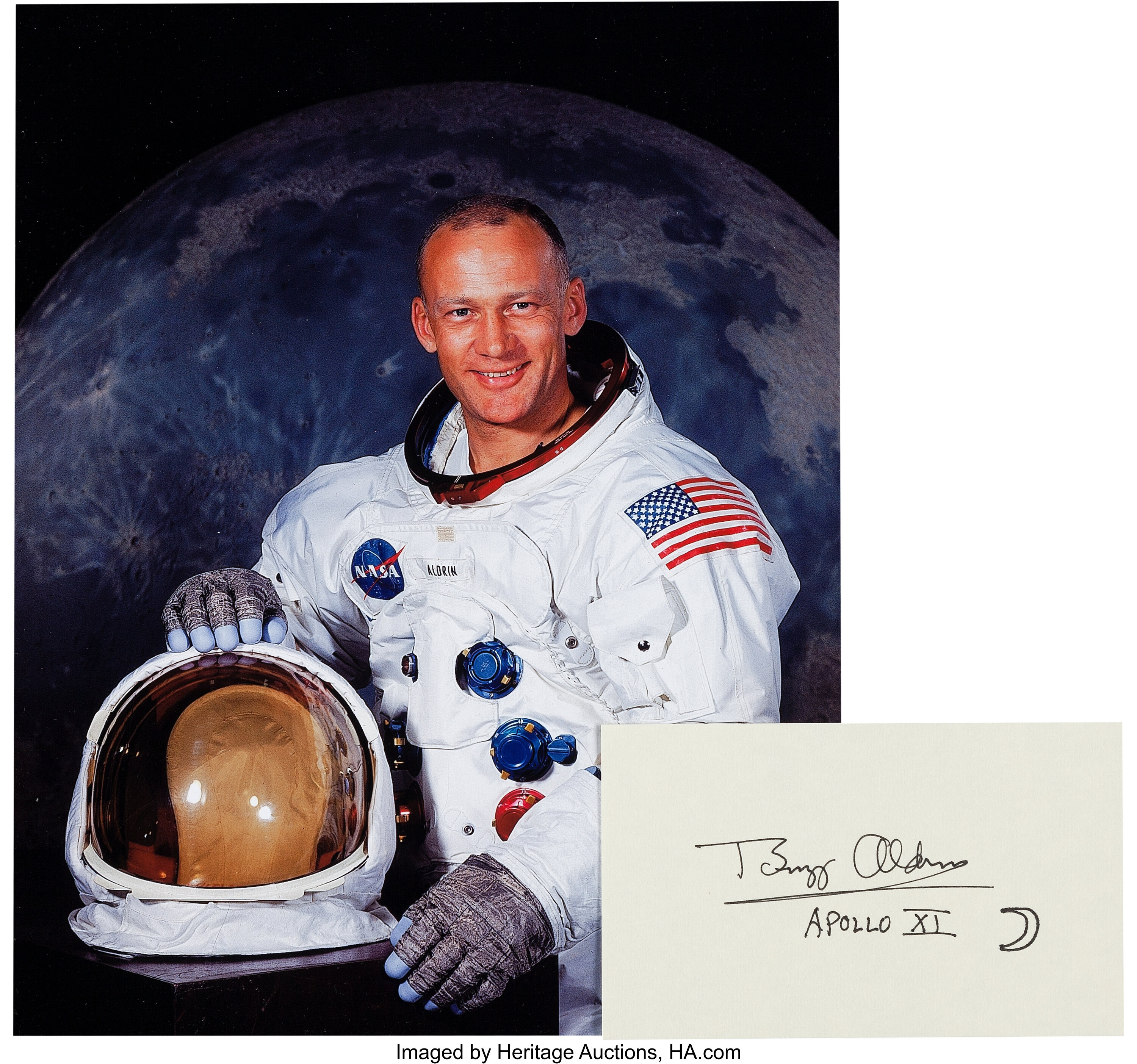 Buzz Aldrin Signed Drawing of a Crescent Moon with White Spacesuit ...