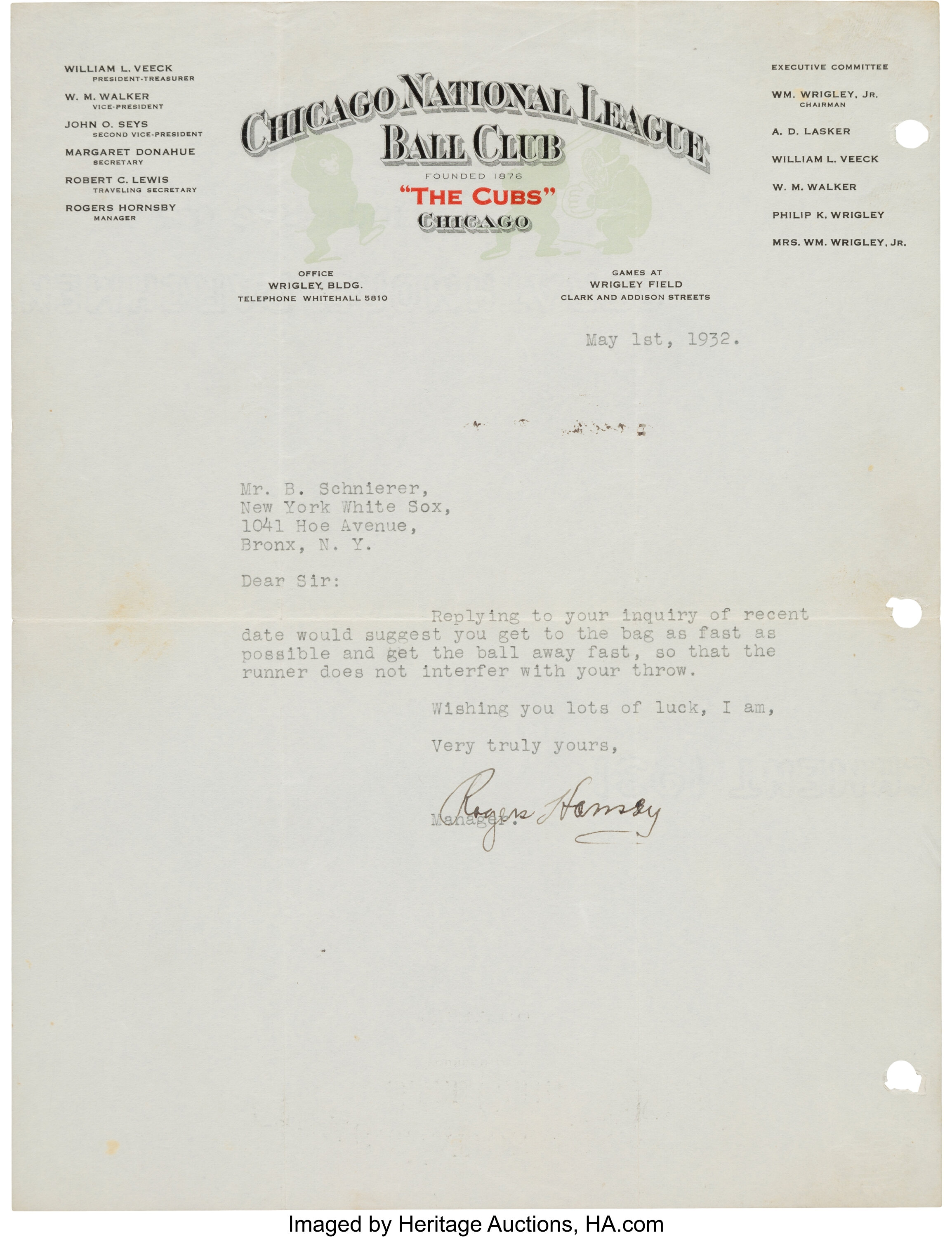 1932 Rogers Hornsby Typed Signed Letter. ... Baseball Collectibles ...