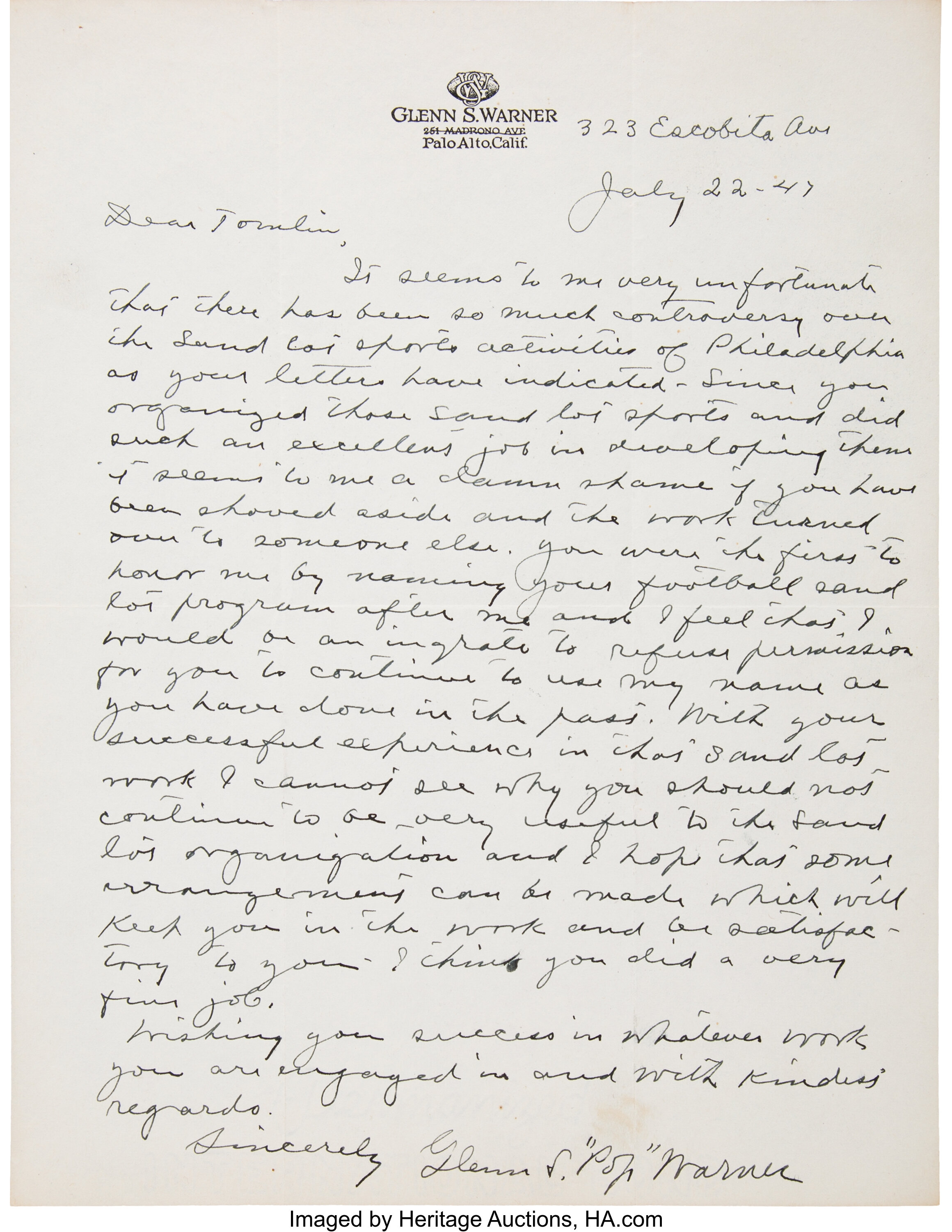 1947 Glenn Pop Warner Handwritten, Signed Letter - To Founder of | Lot ...