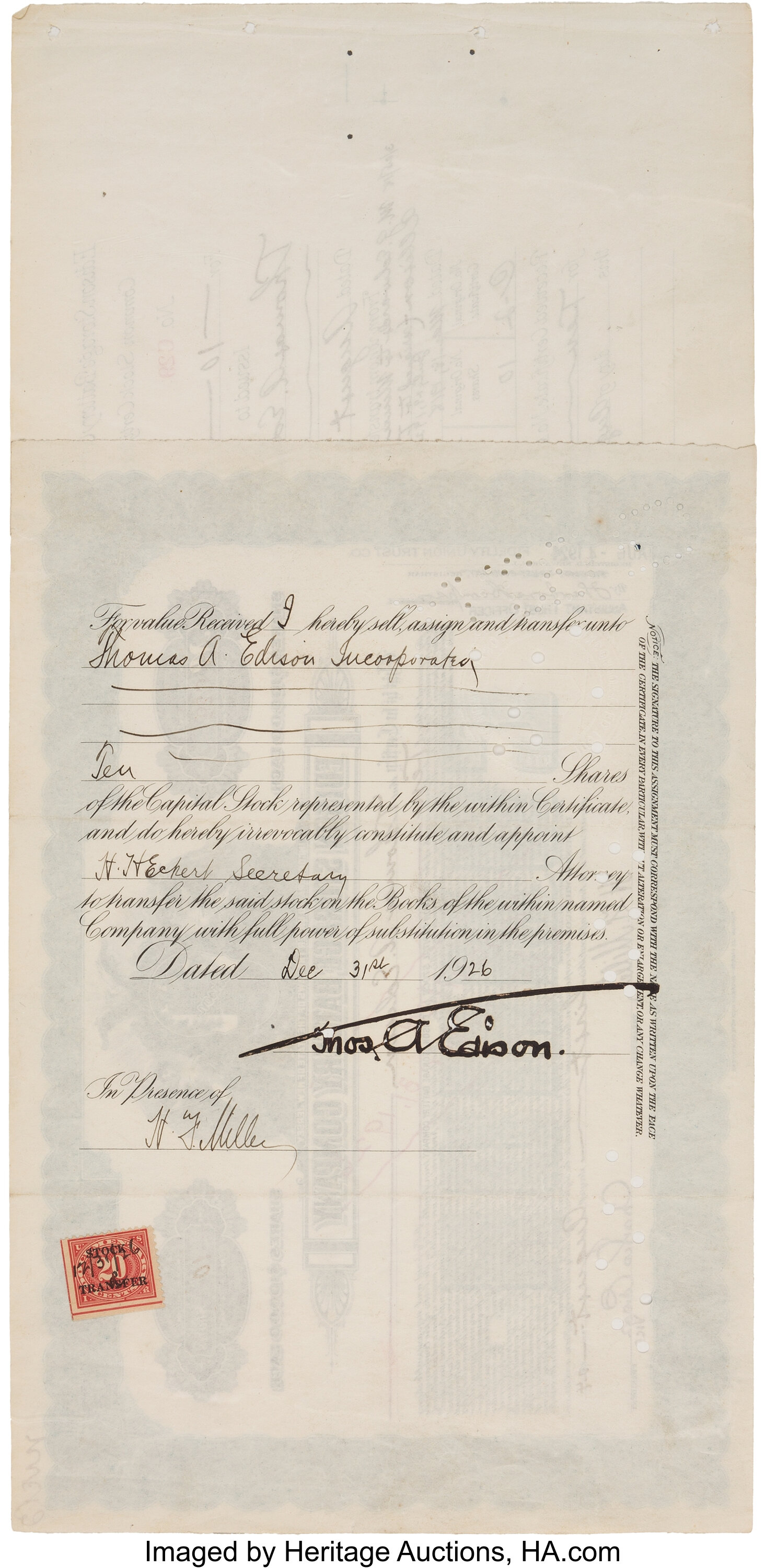 Thomas Edison Signed Edison Storage Battery Company Stock | Lot #47199 ...