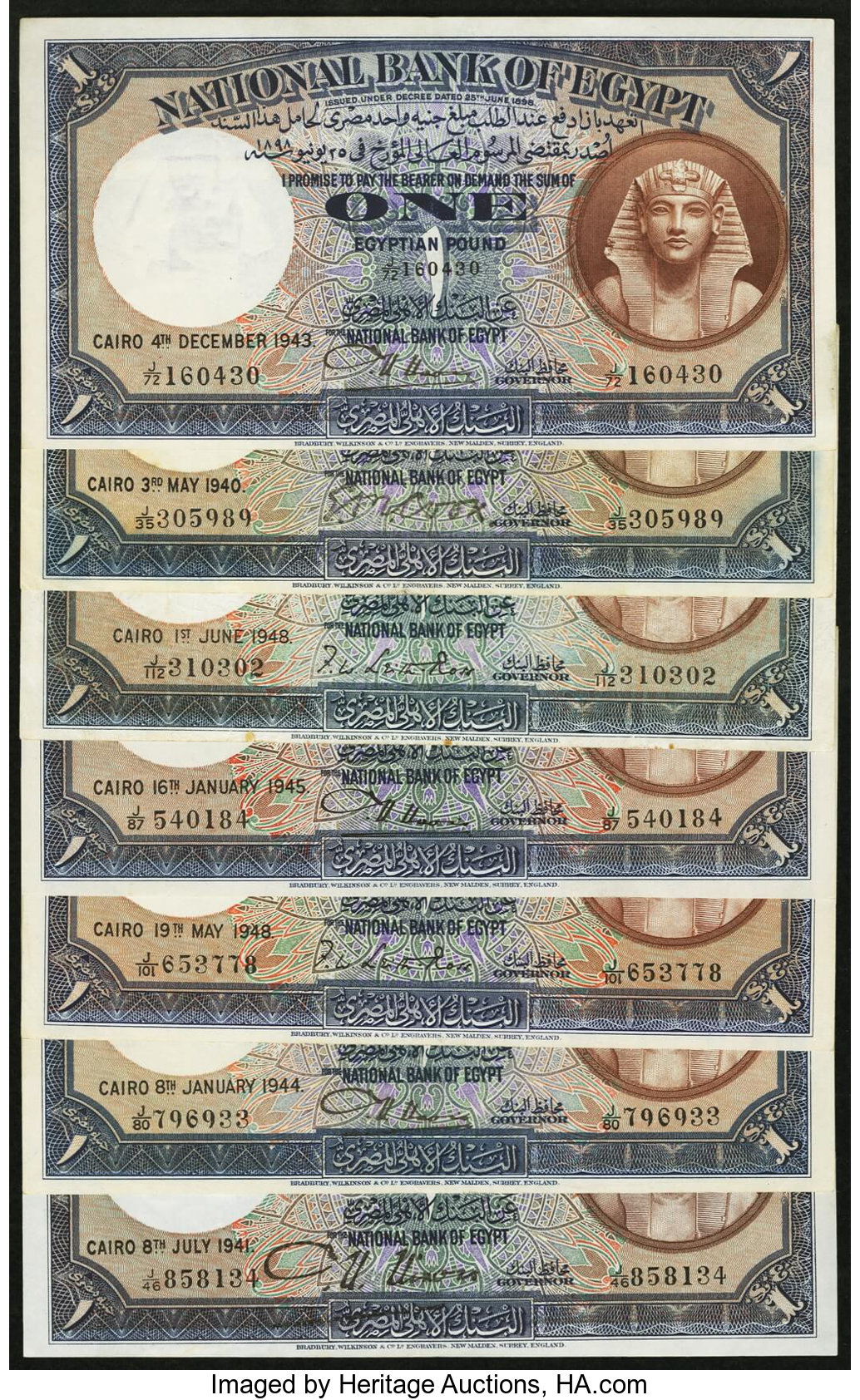 A Selection of Seven 1 Pound Notes from Egypt.. ... (Total: 7 | Lot ...