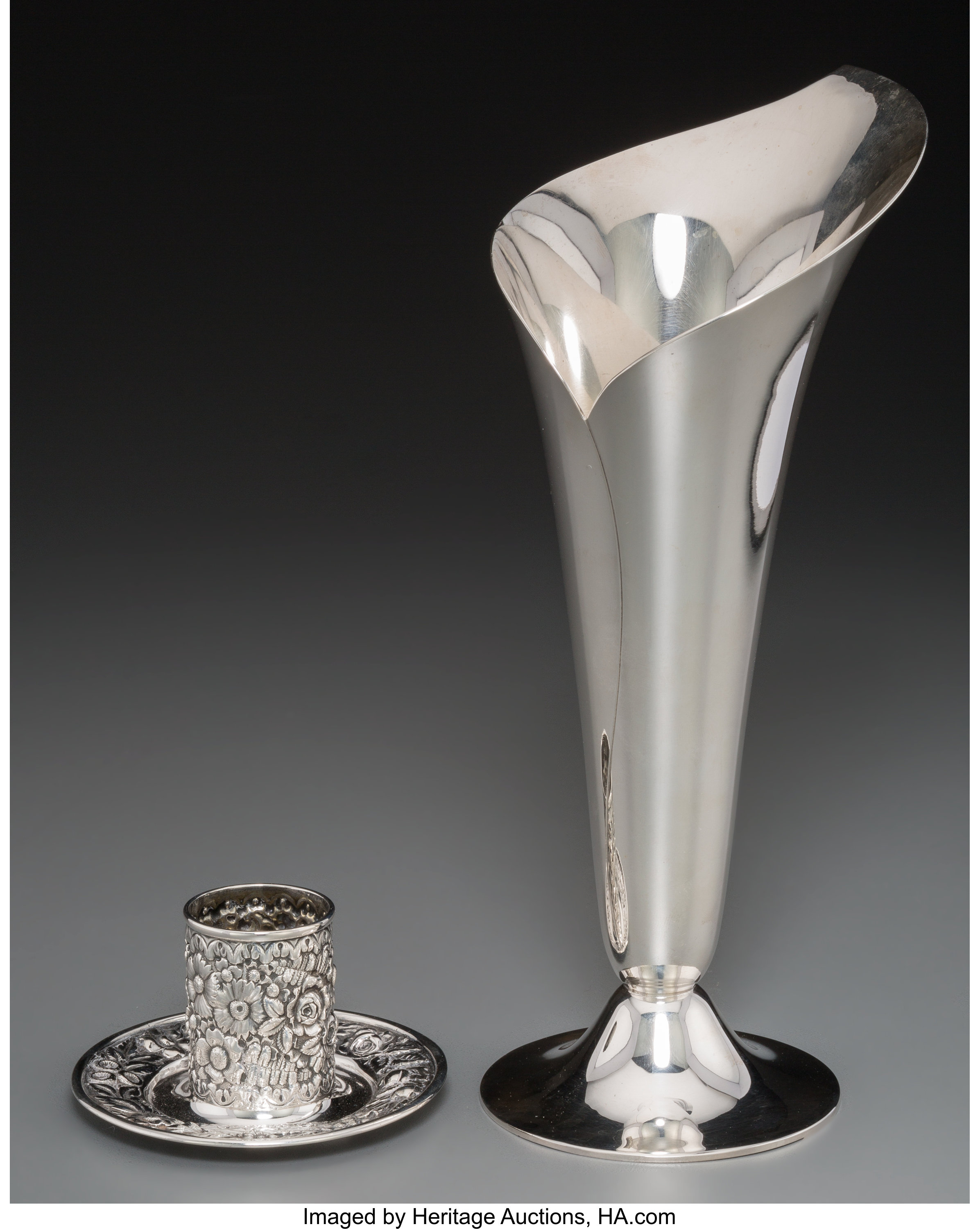A Tiffany & Co. Silver Calla Lily-Form Vase and Repoussé Match | Lot ...
