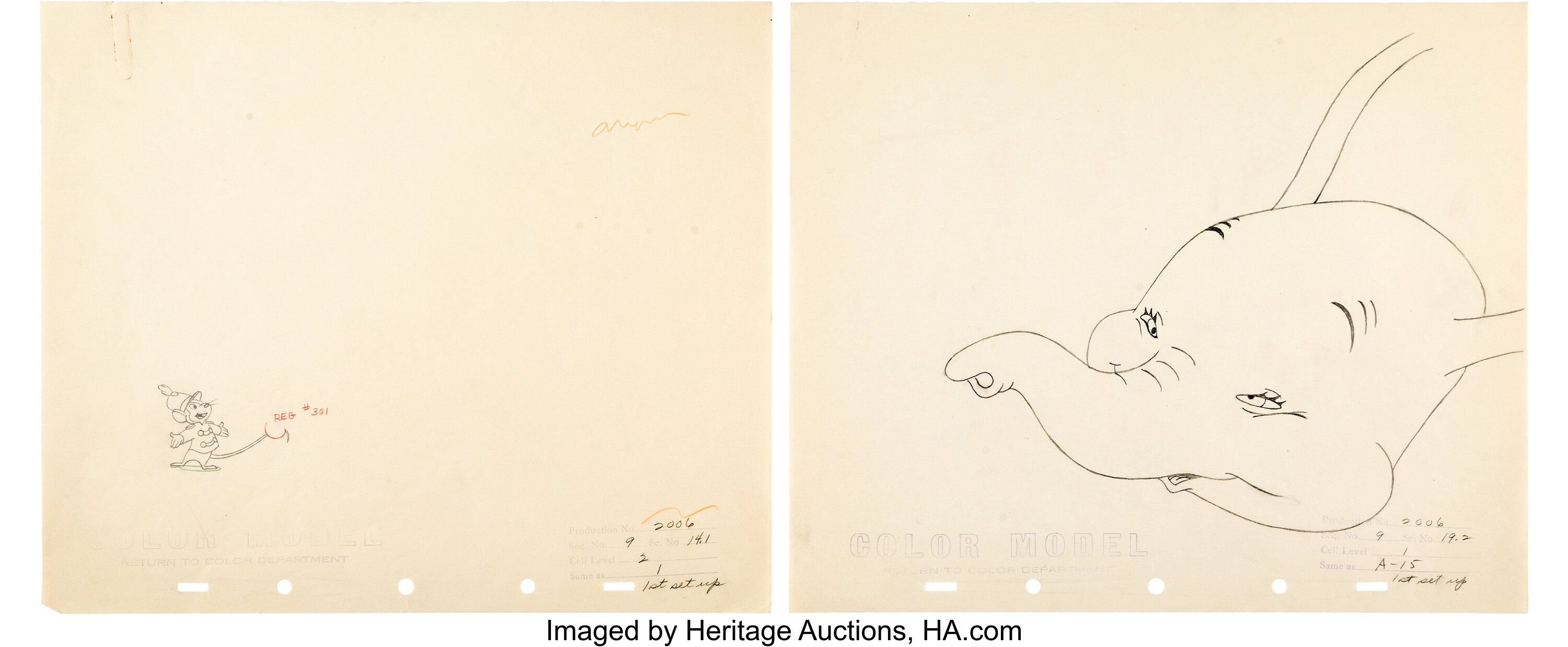 Dumbo Timothy Mouse and Dumbo Animation/Color Model Drawing Group | Lot ...