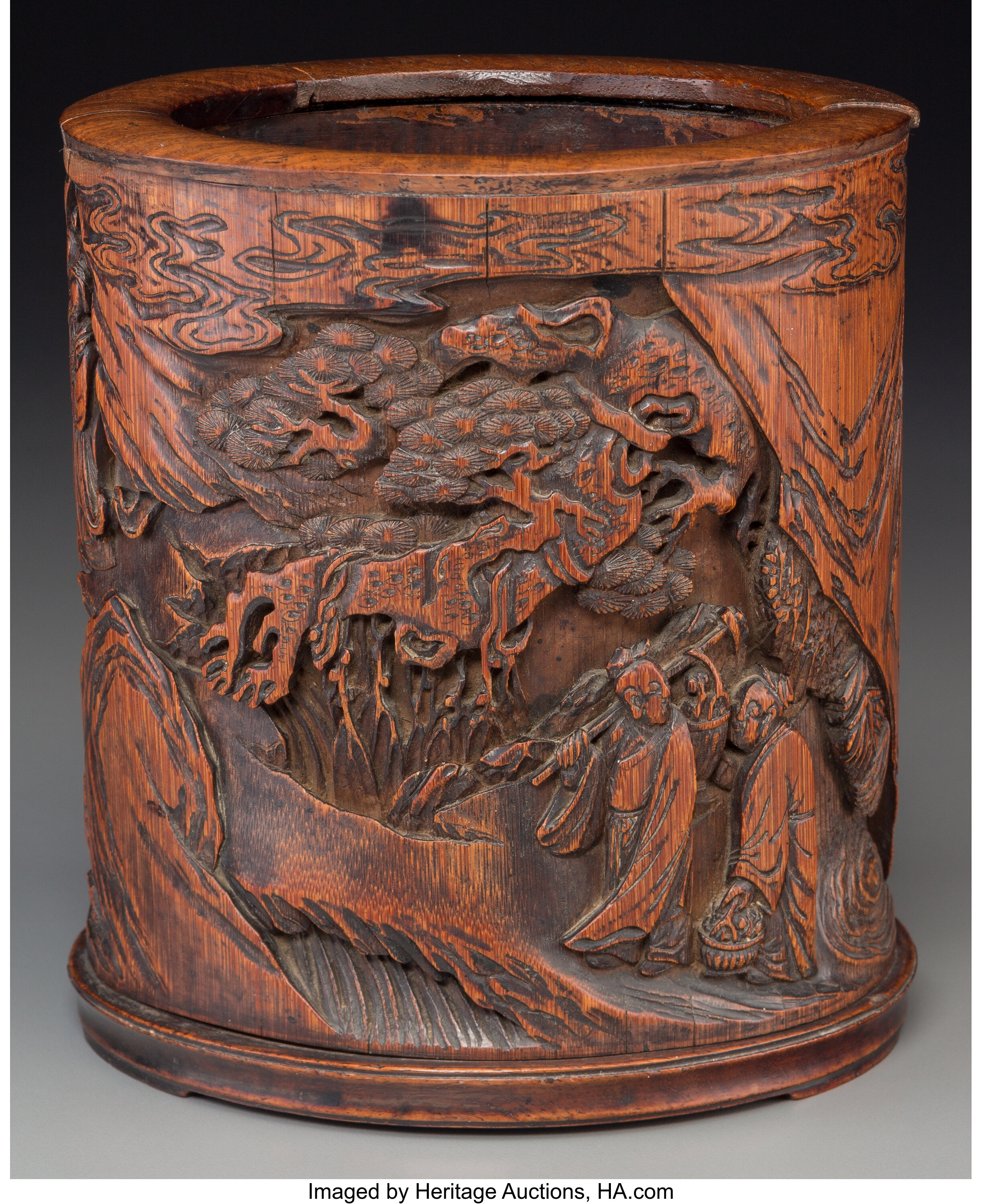 A Fine Chinese Bamboo Brush Pot Depicting Scholars and Pines in a | Lot ...