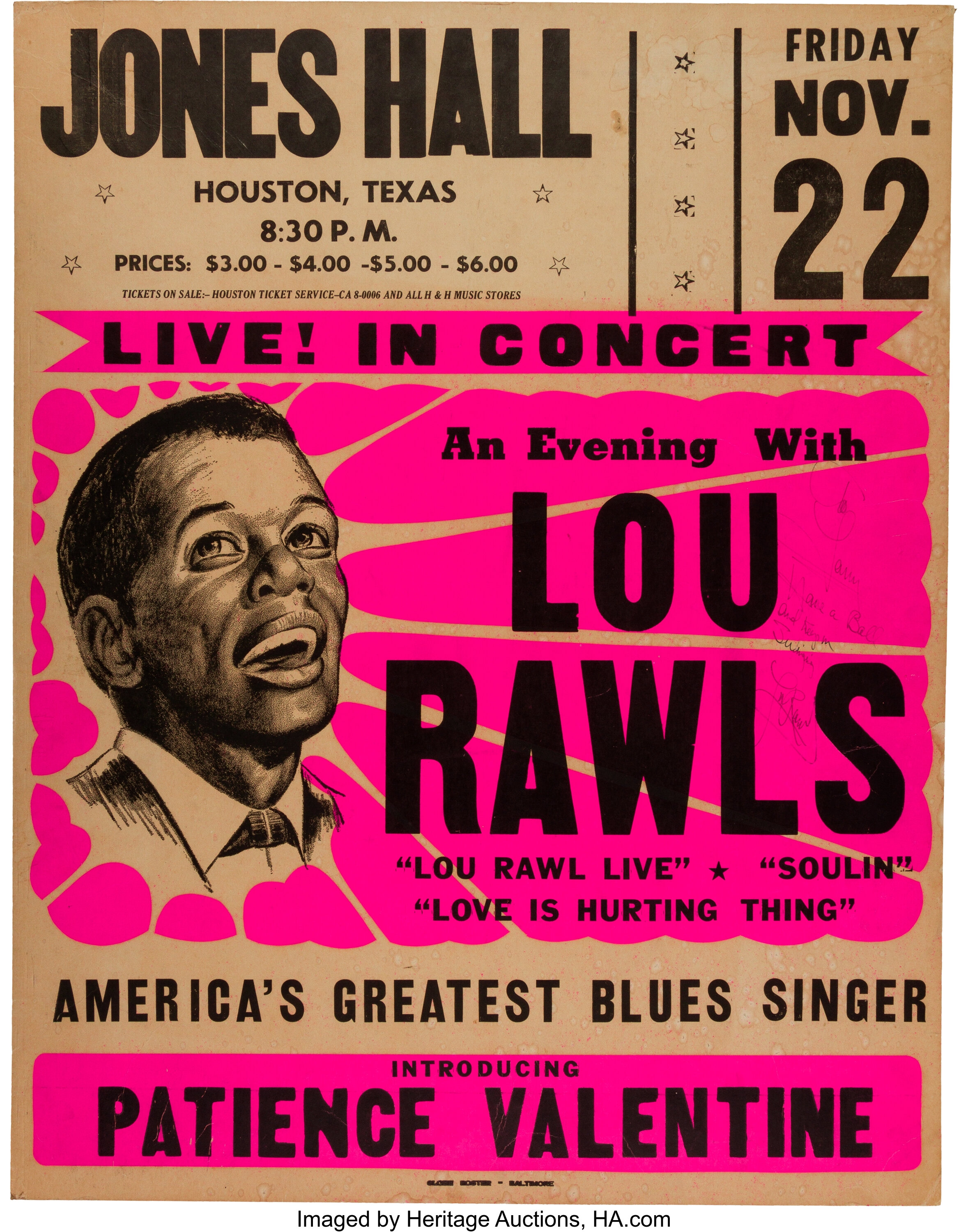 Lou Rawls Autographed Jones Hall Concert Poster (1968). Extremely | Lot ...