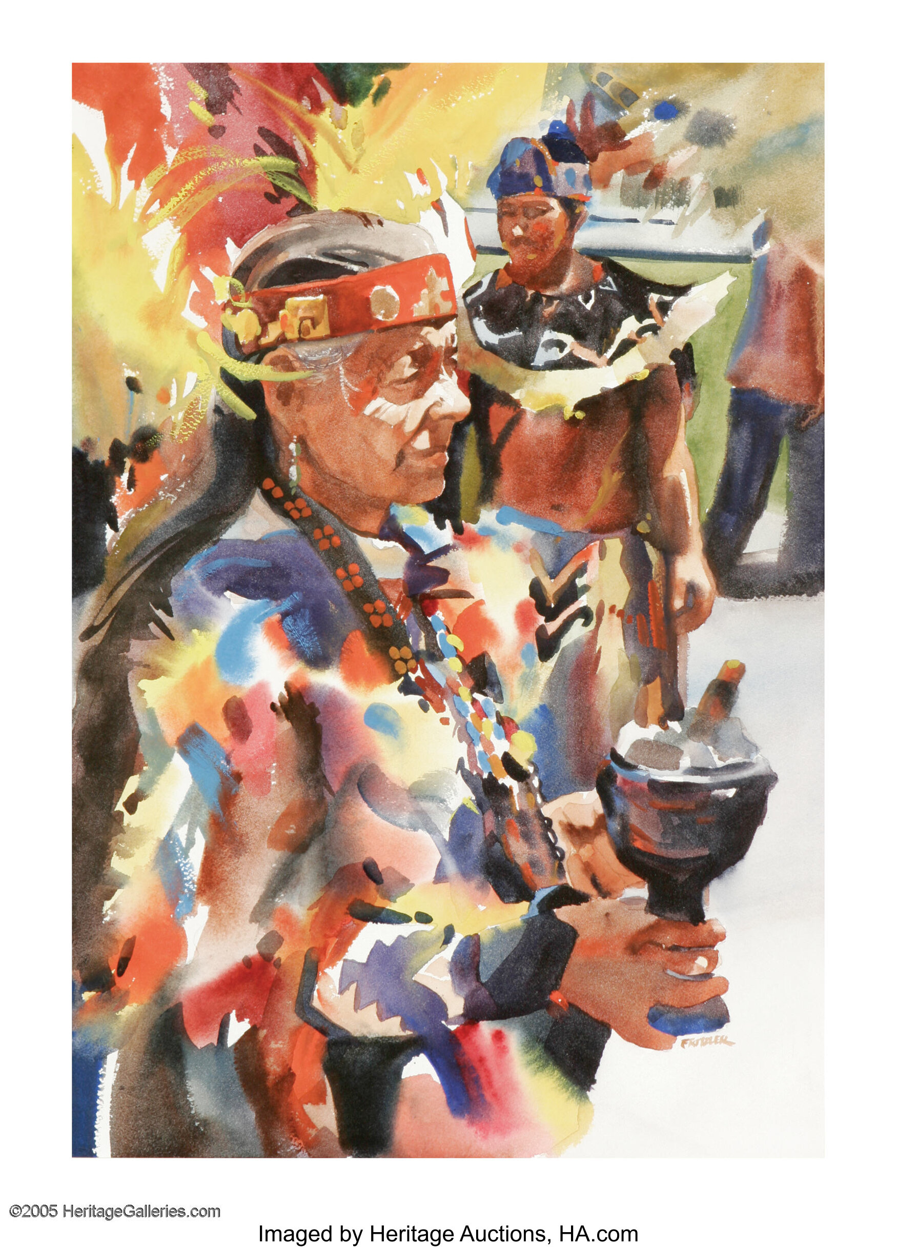 GERALD J.FRITZLER (American b.1953). Indian Ceremony. Watercolor on ...