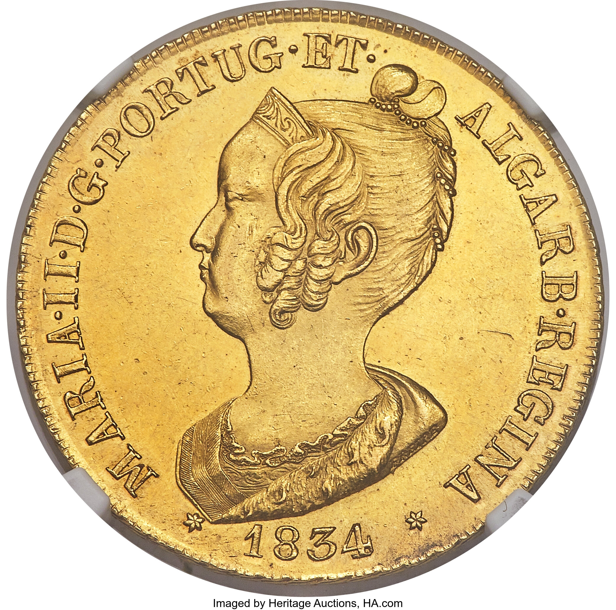 Portugal: Maria II gold 6400 Reis (Peça) 1834 MS63 NGC,... Portugal ...