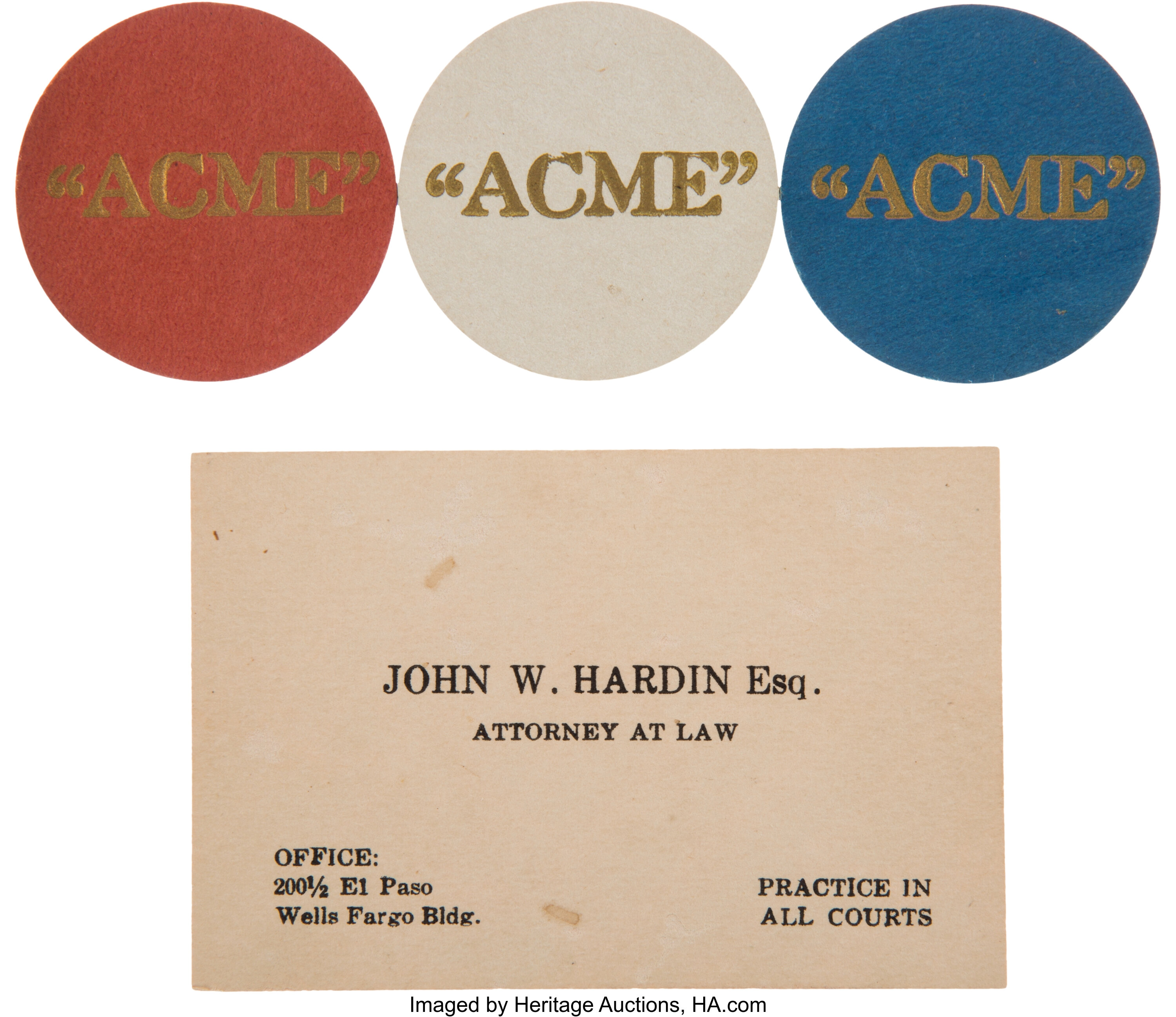 John Wesley Hardin: An Original Business Card & Three Poker Chips | Lot ...