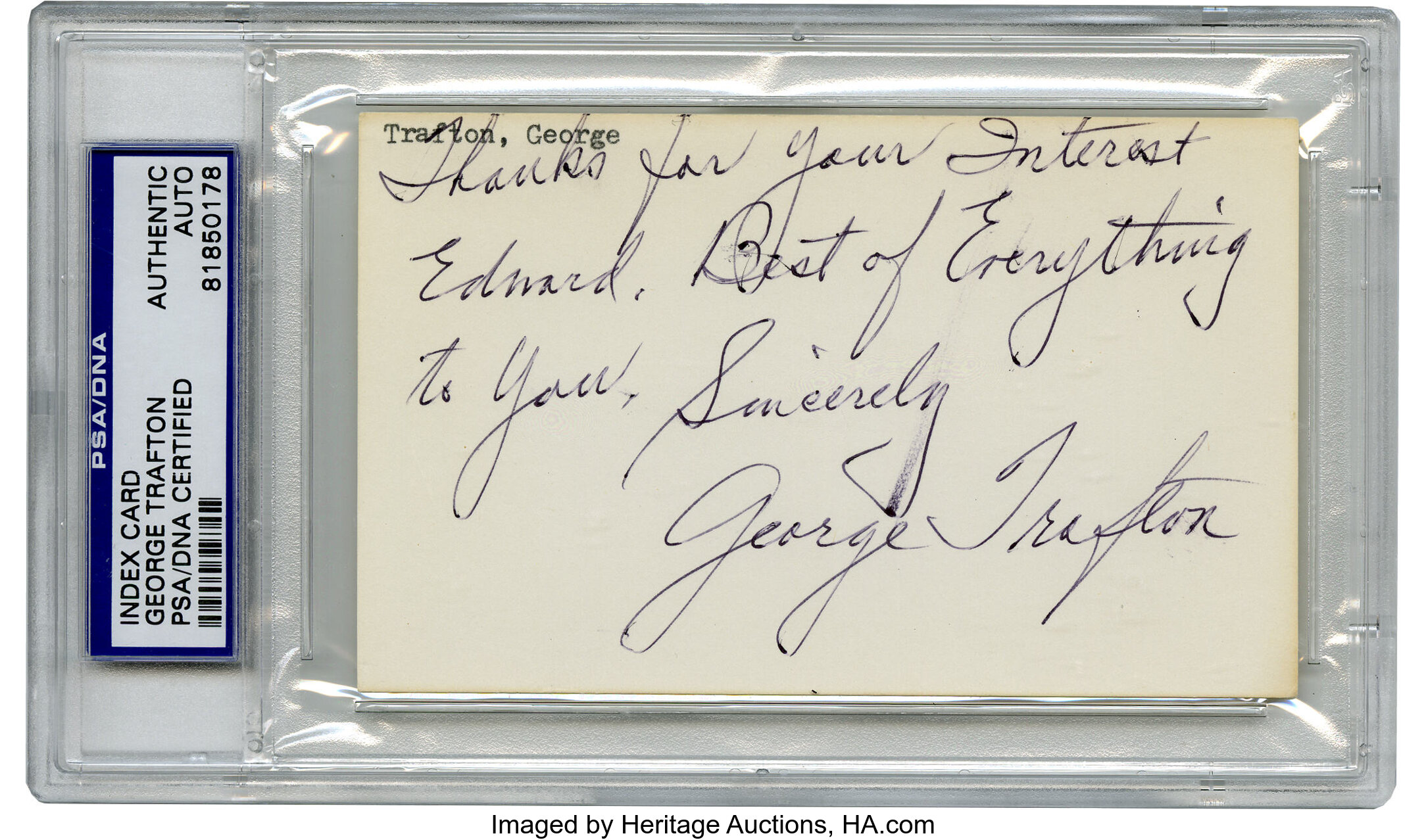 George Trafton Signed Index Card PSA Authentic. George Trafton | Lot ...