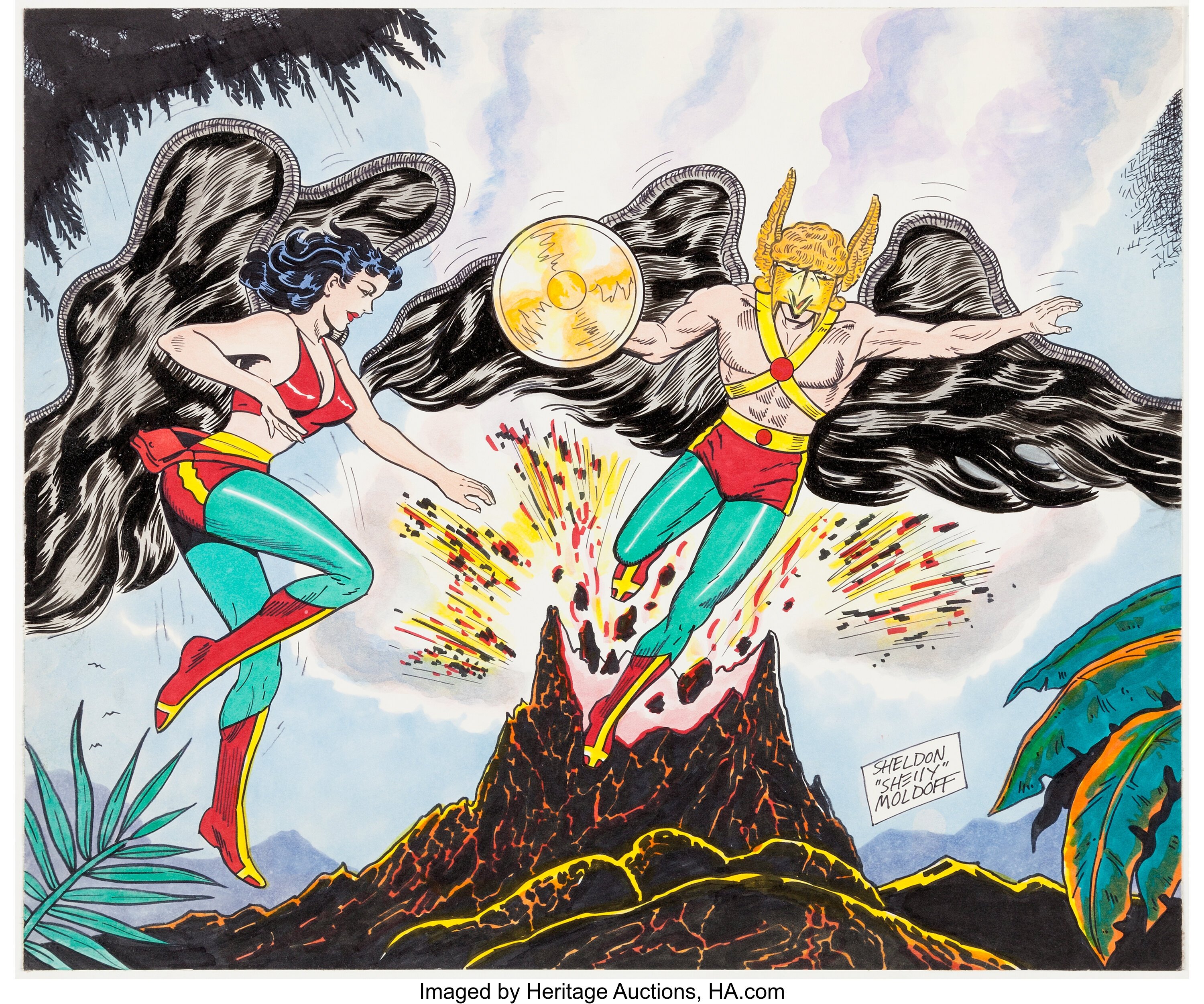 Sheldon Moldoff - Hawkman and Hawkgirl Illustration Original Art | Lot ...