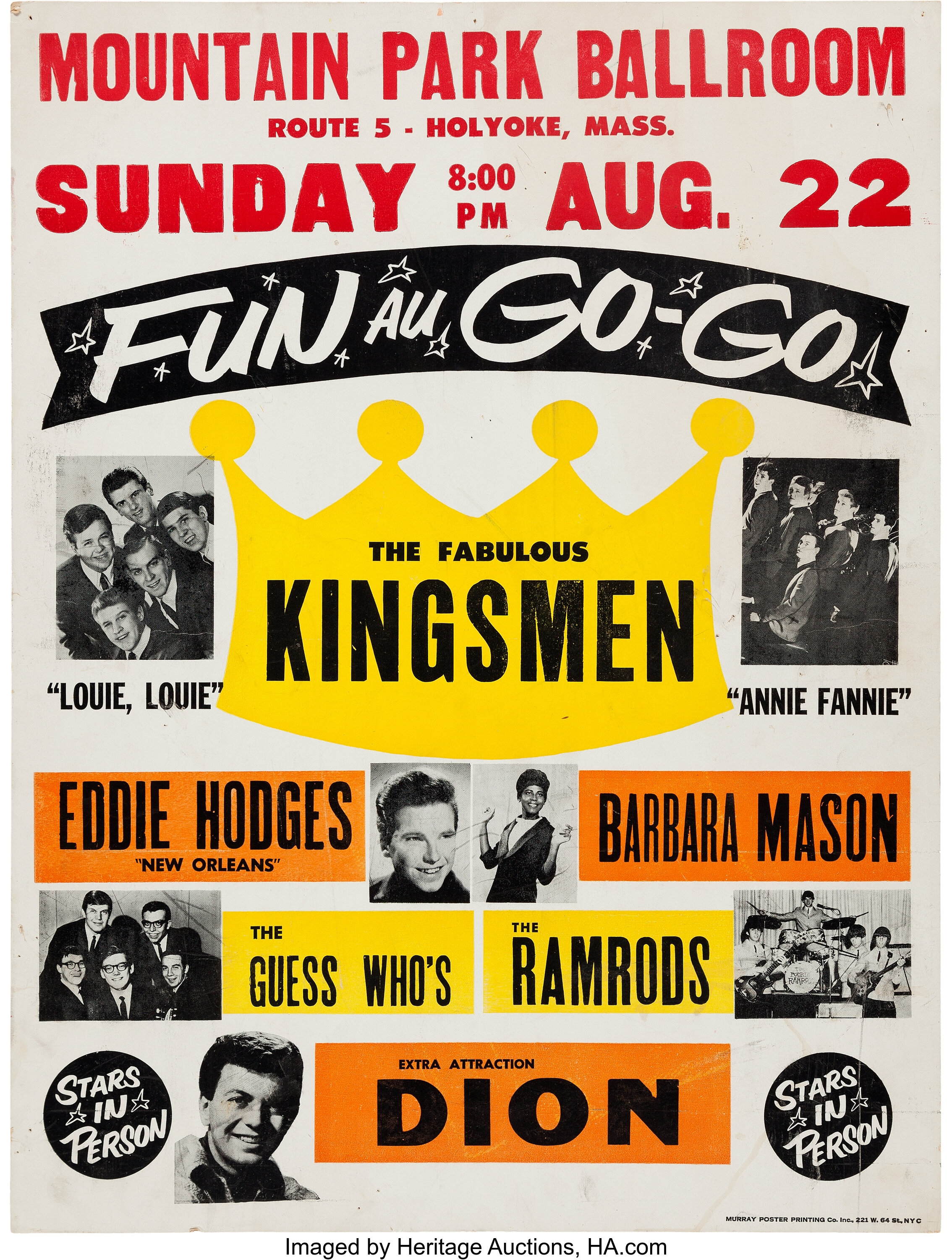 Kingsmen/Dion Mountain Park Ballroom Concert Poster (1965). Very | Lot ...