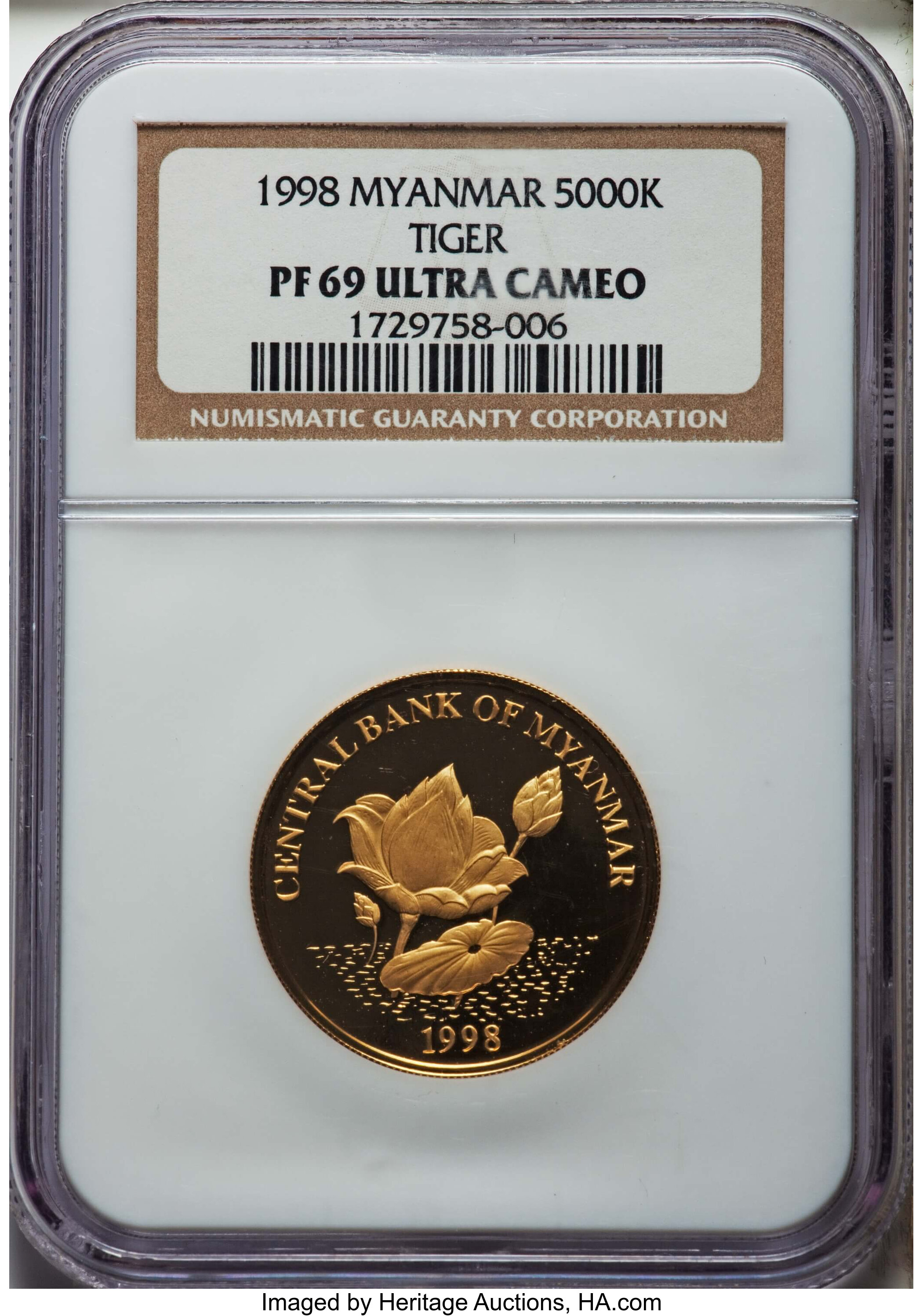 Myanmar: Union of Myanmar gold Proof "Tiger" 5000 Kyat 1998 PR69 | Lot ...