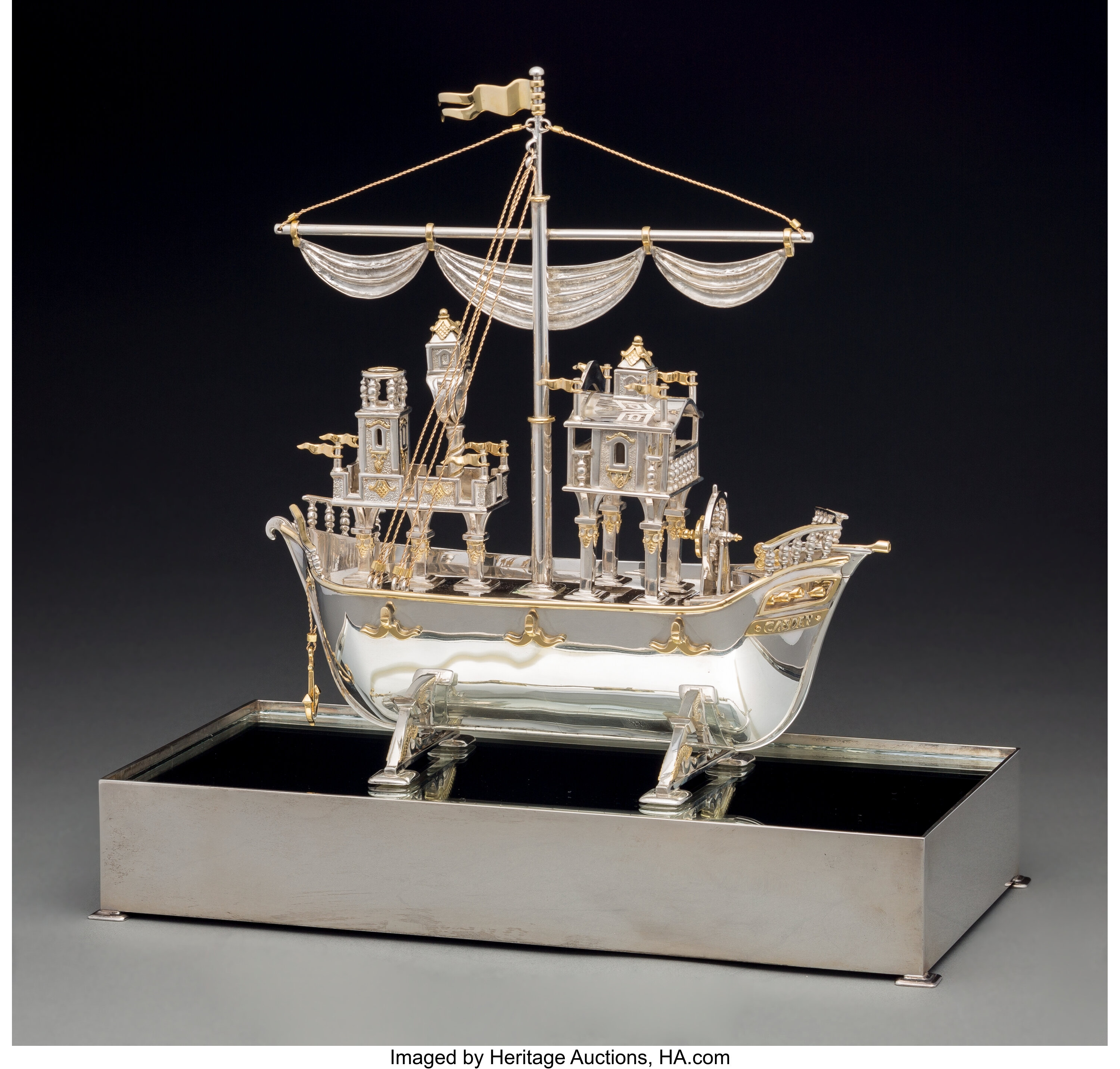 A Yossi Swed Partial Gilt Silver Galleon-Form Seder Set and Display ...