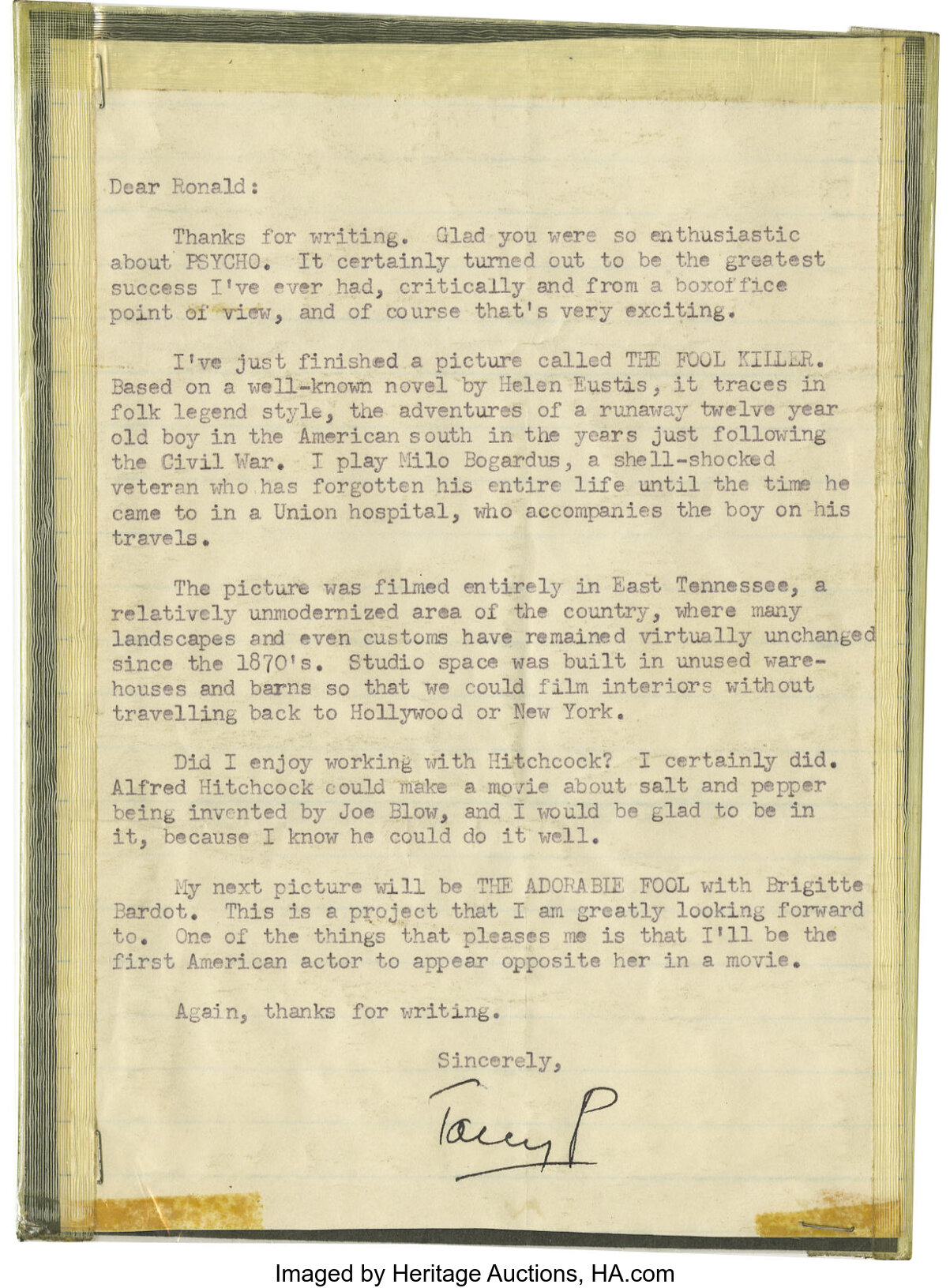 Anthony Perkins Signed Letter. A one-page letter to a fan, undated ...