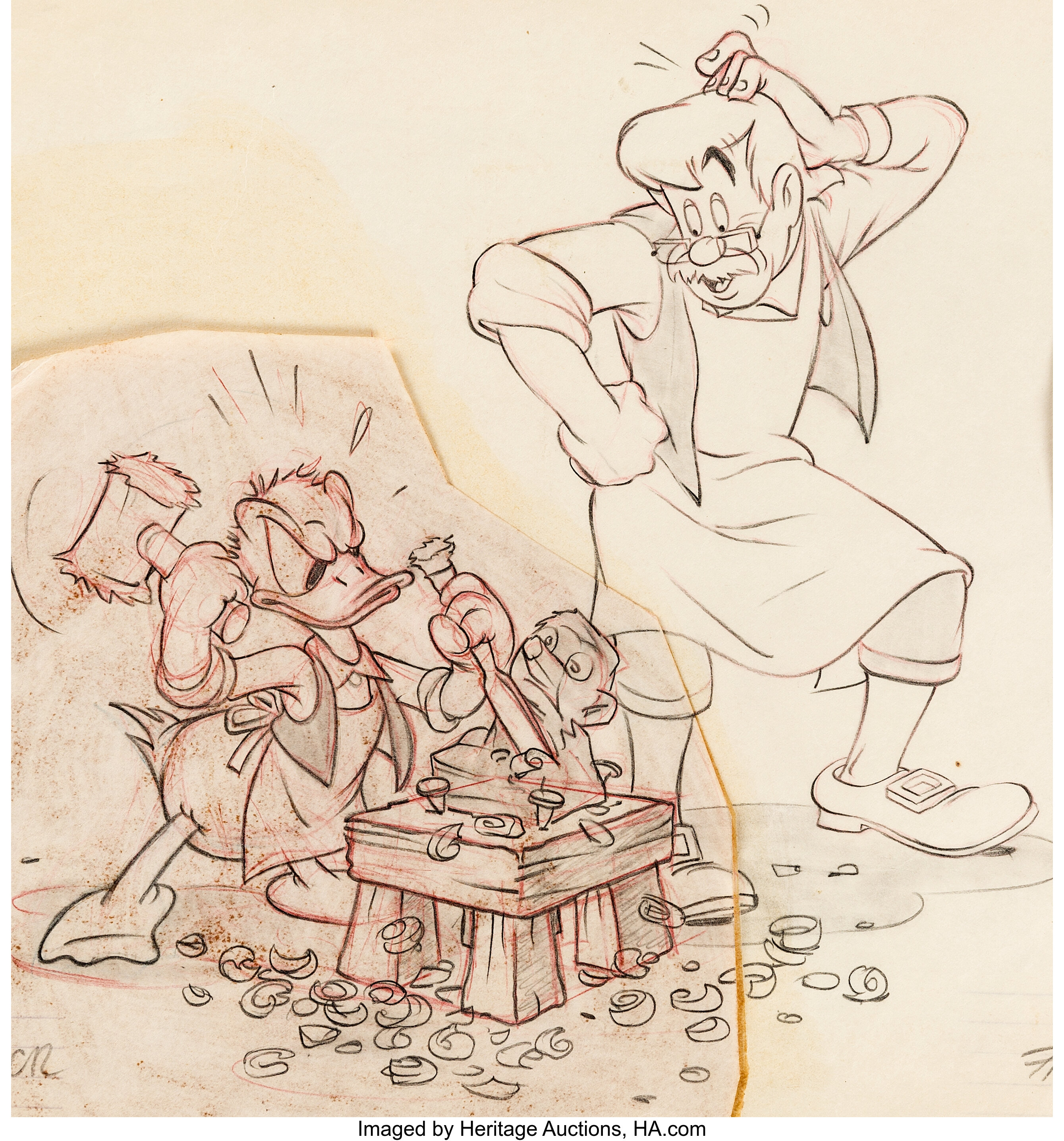 Pinocchio Geppetto and Donald Duck Preliminary Illustration (Walt | Lot ...