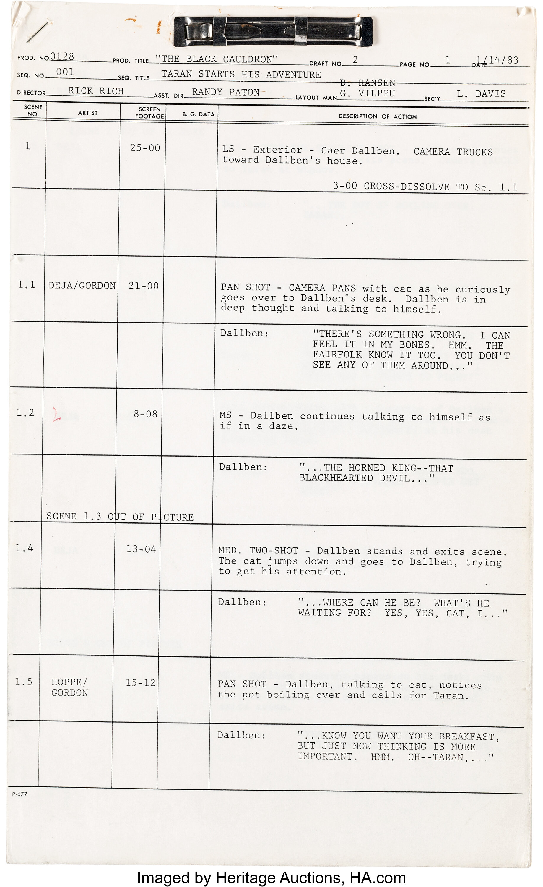 The Black Cauldron Early Shooting Schedule (Walt Disney, 1985 ...