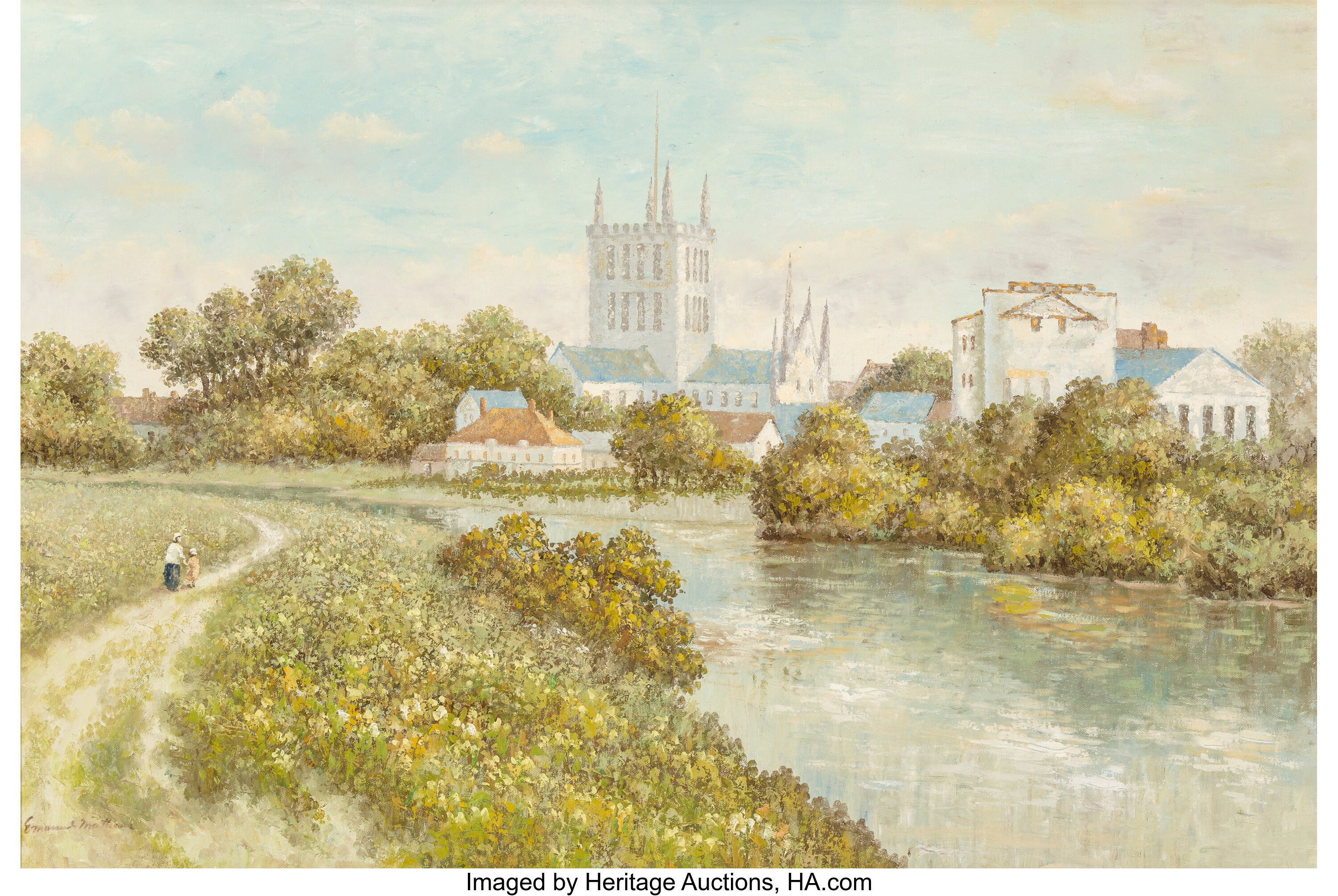 Emanuel Matthews (20th Century). A view of a church by the river. | Lot ...