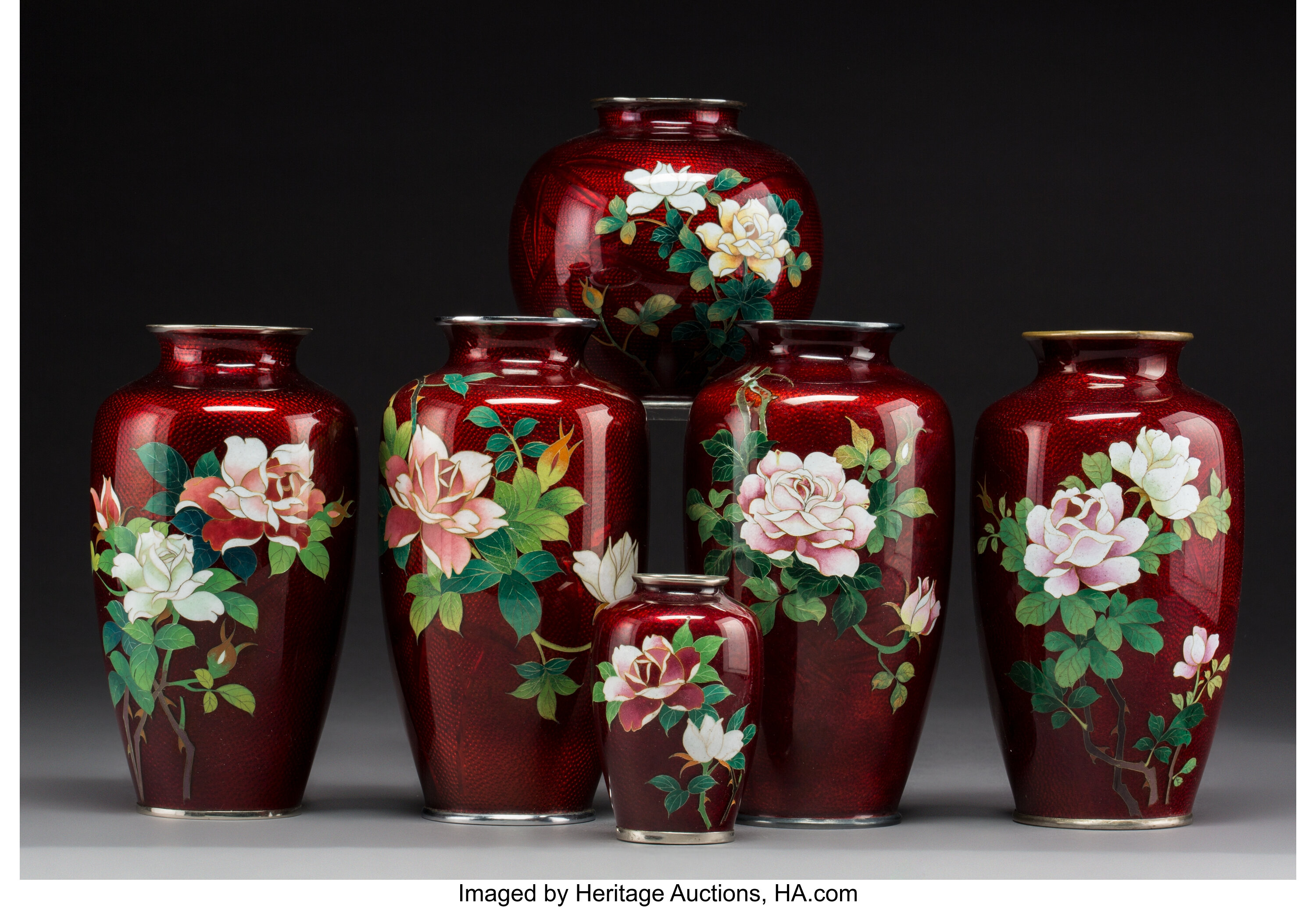 six-japanese-red-cloisonn-vases-20th-century-marks-various-lot