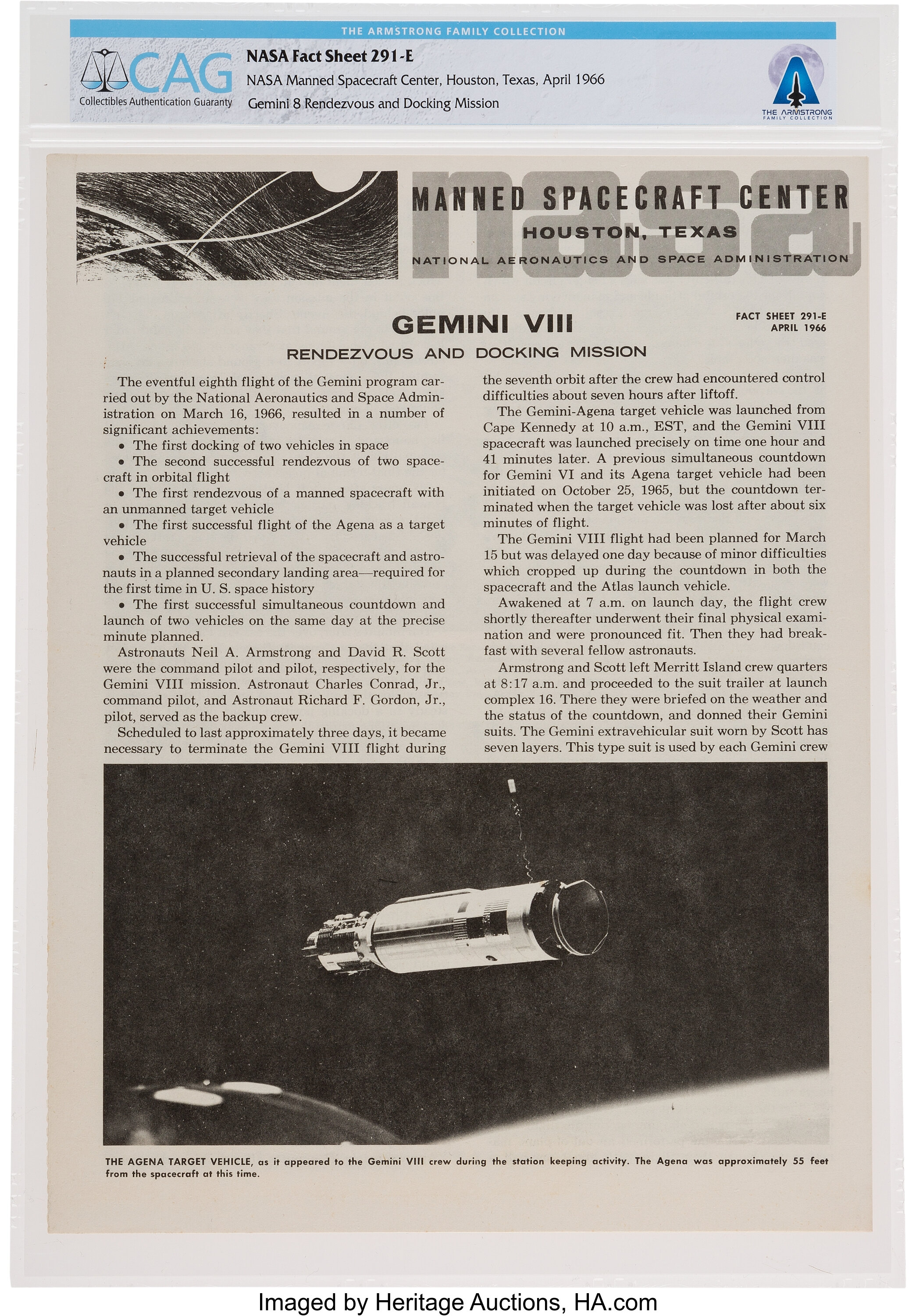 Gemini 8: NASA Manned Spacecraft Center "Gemini VIII" Fact Sheet, | Lot ...