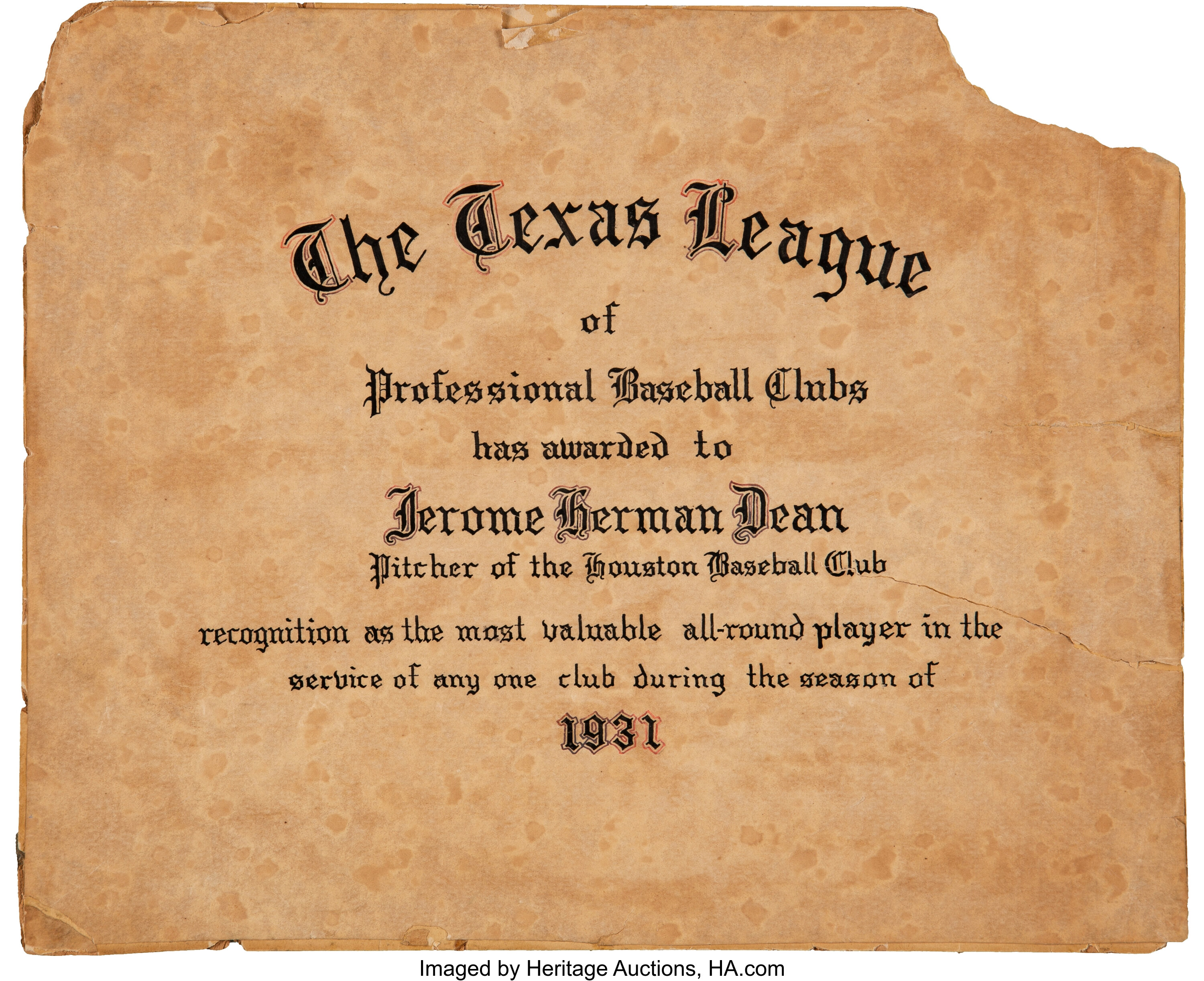 1931 Dizzy Dean Texas League Most Valuable Player Certificate from ...