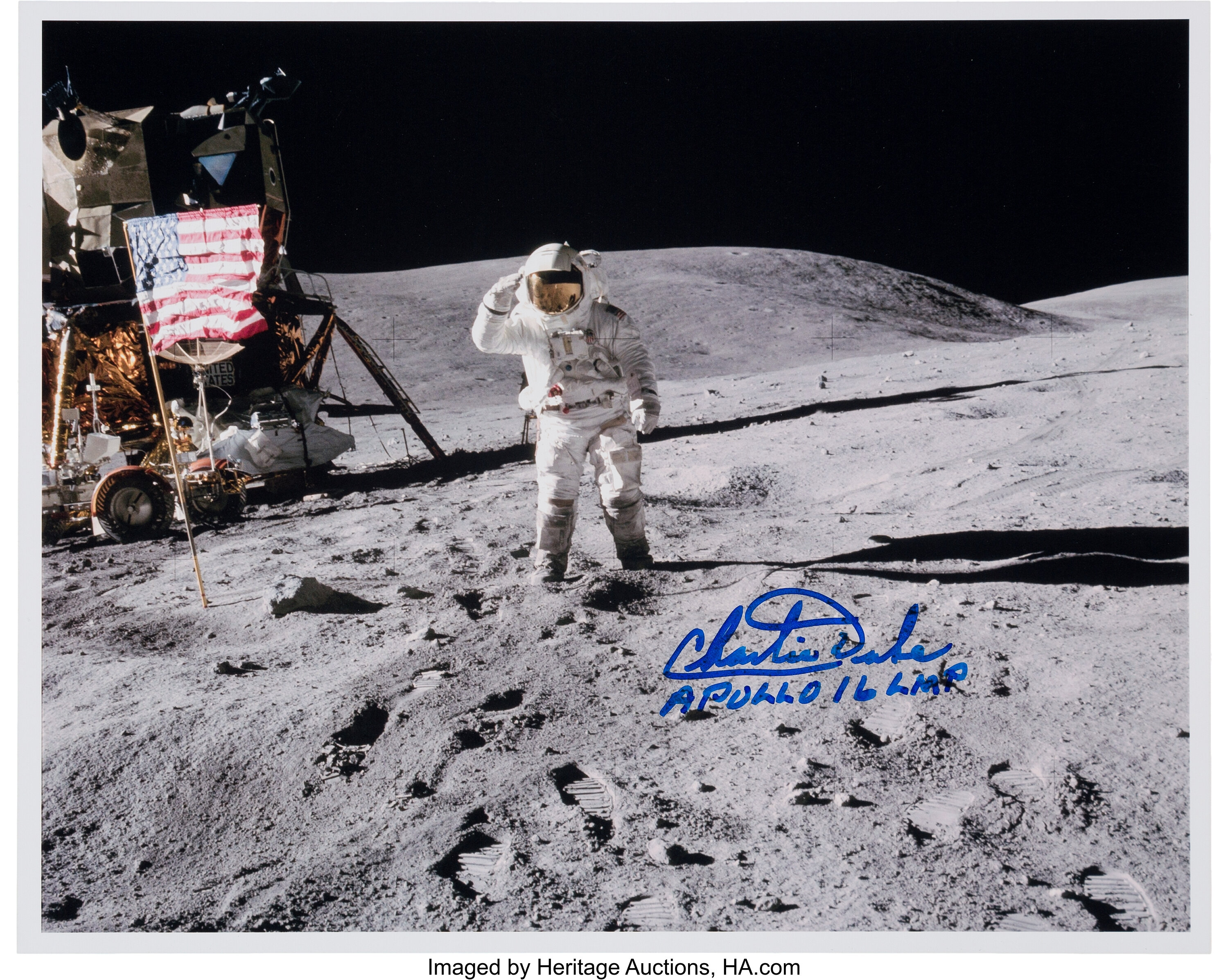 Charlie Duke Signed Apollo 16 Lunar Flag Salute Color Photo. ... | Lot ...