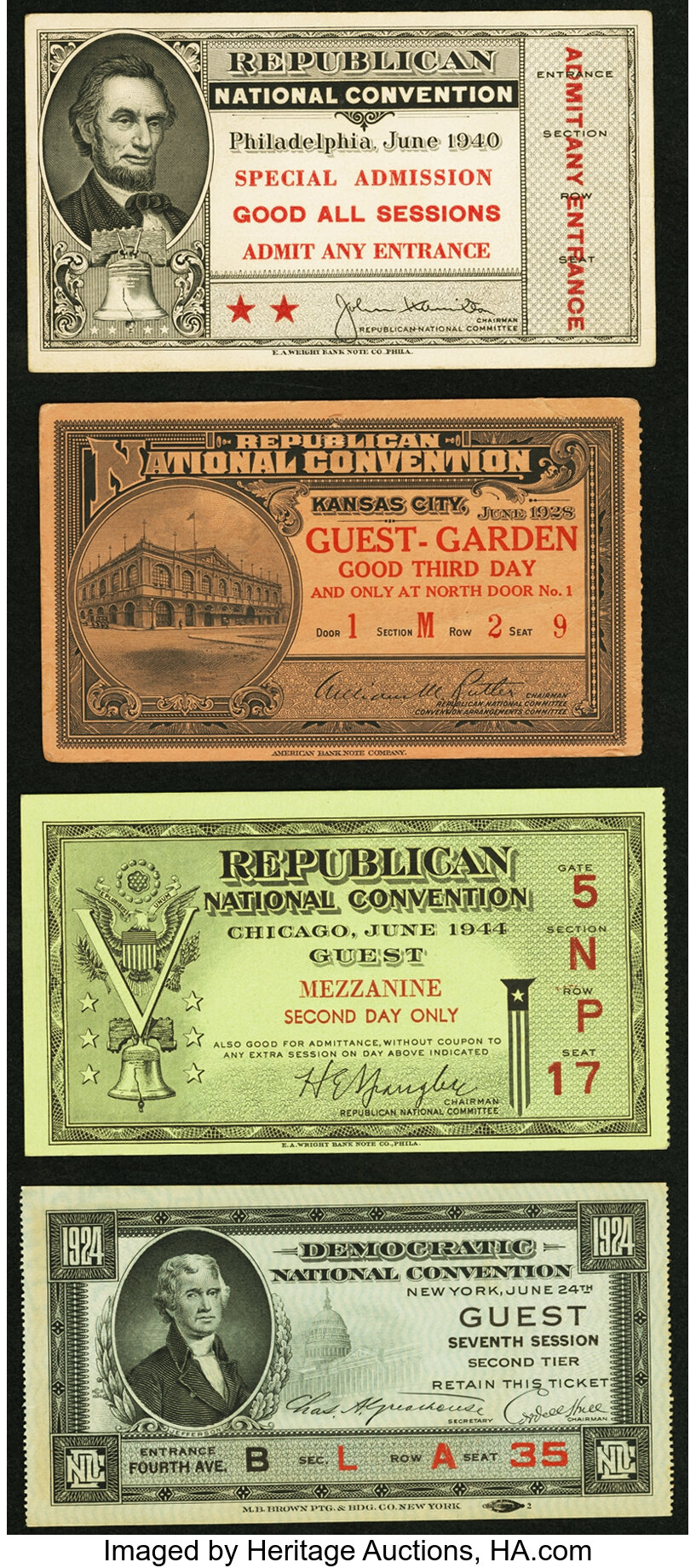 Political Party National Convention Tickets Four Examples Very Fine ...