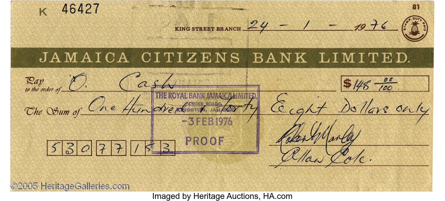 Bob Marley and Allan Cole Signed Check. Personal check signed by | Lot ...