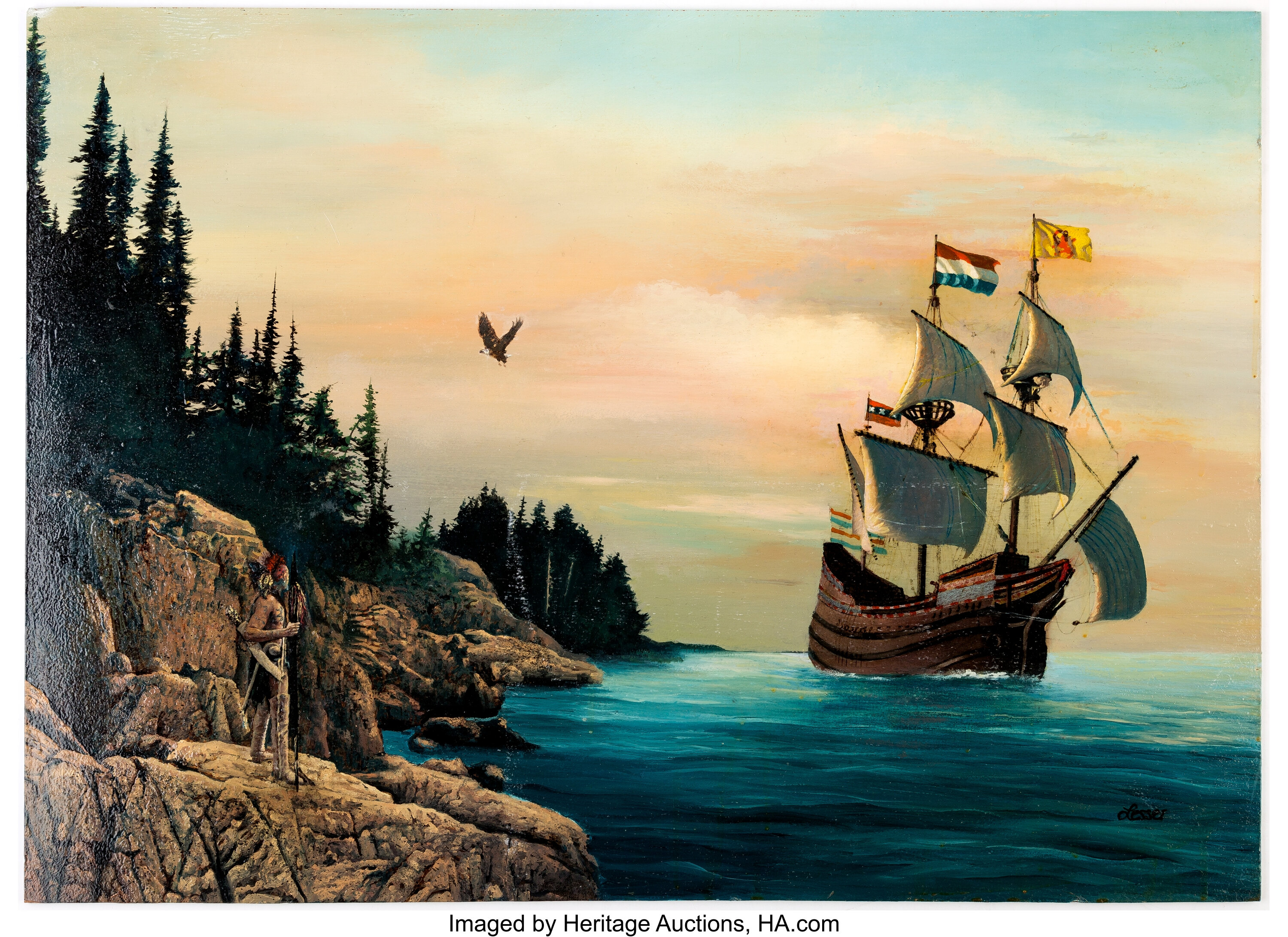 Ron Lesser "Half Moon at Penobscot Bay" Painting Original Art (c. | Lot ...