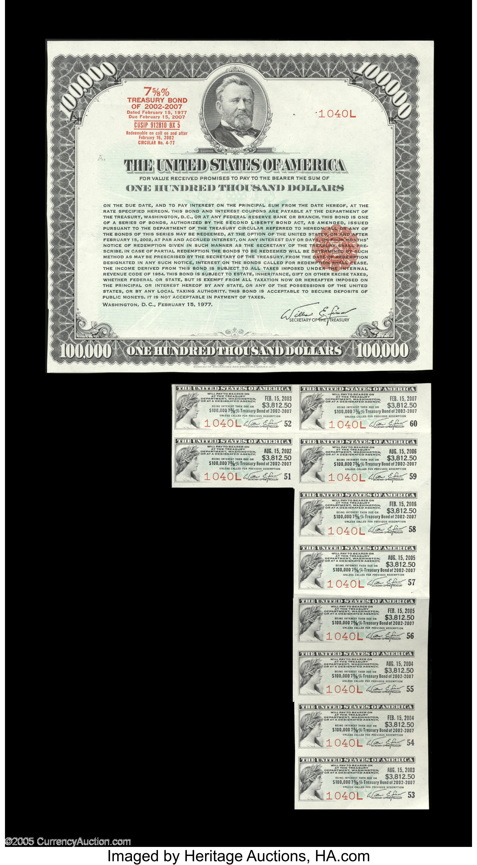 $100,000 U.S. Treasury Bearer Bond.... Miscellaneous Other | Lot #15550 ...
