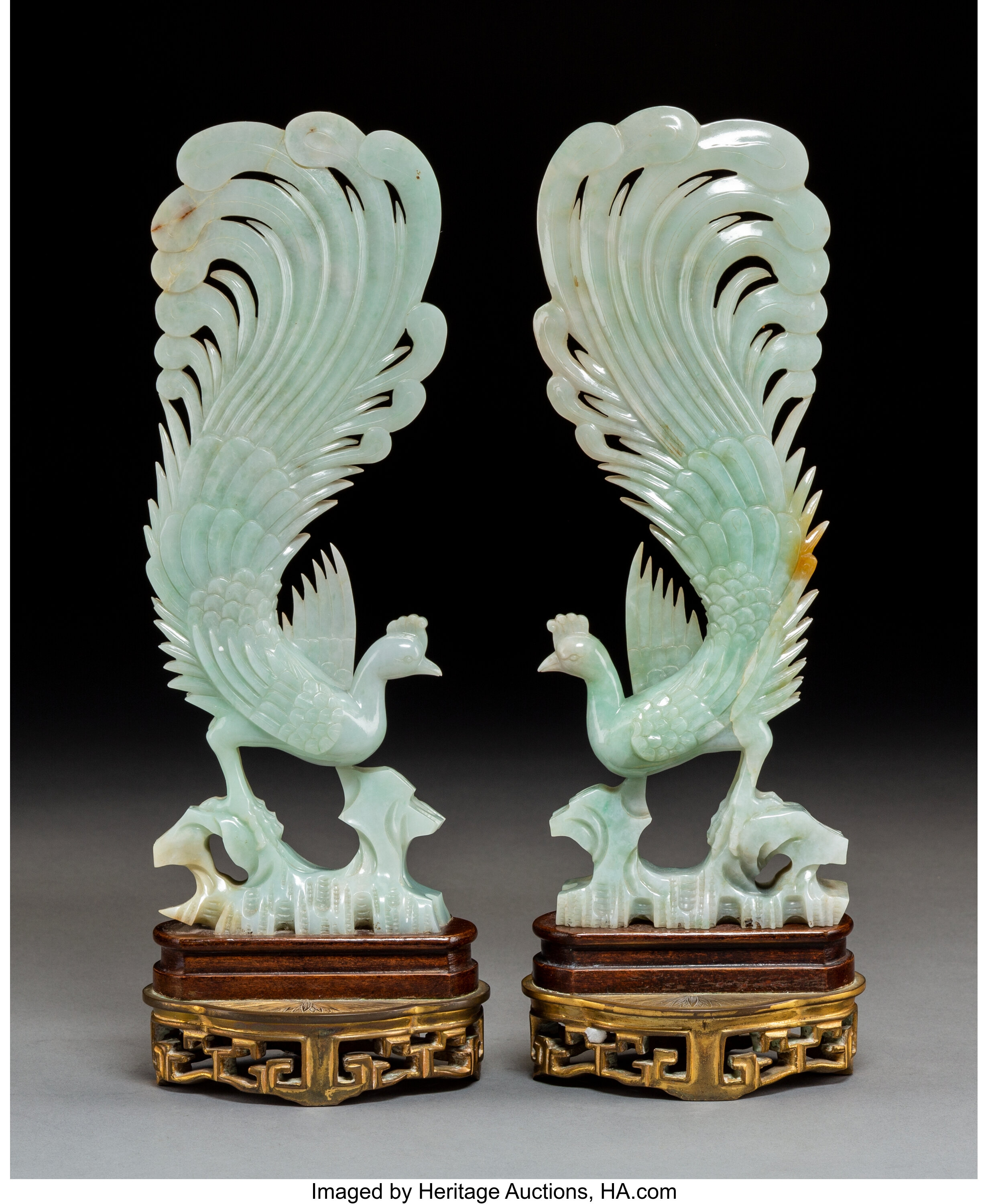 A Pair of Chinese Carved Jadeite Phoenix Figures on Stands, 19th | Lot ...