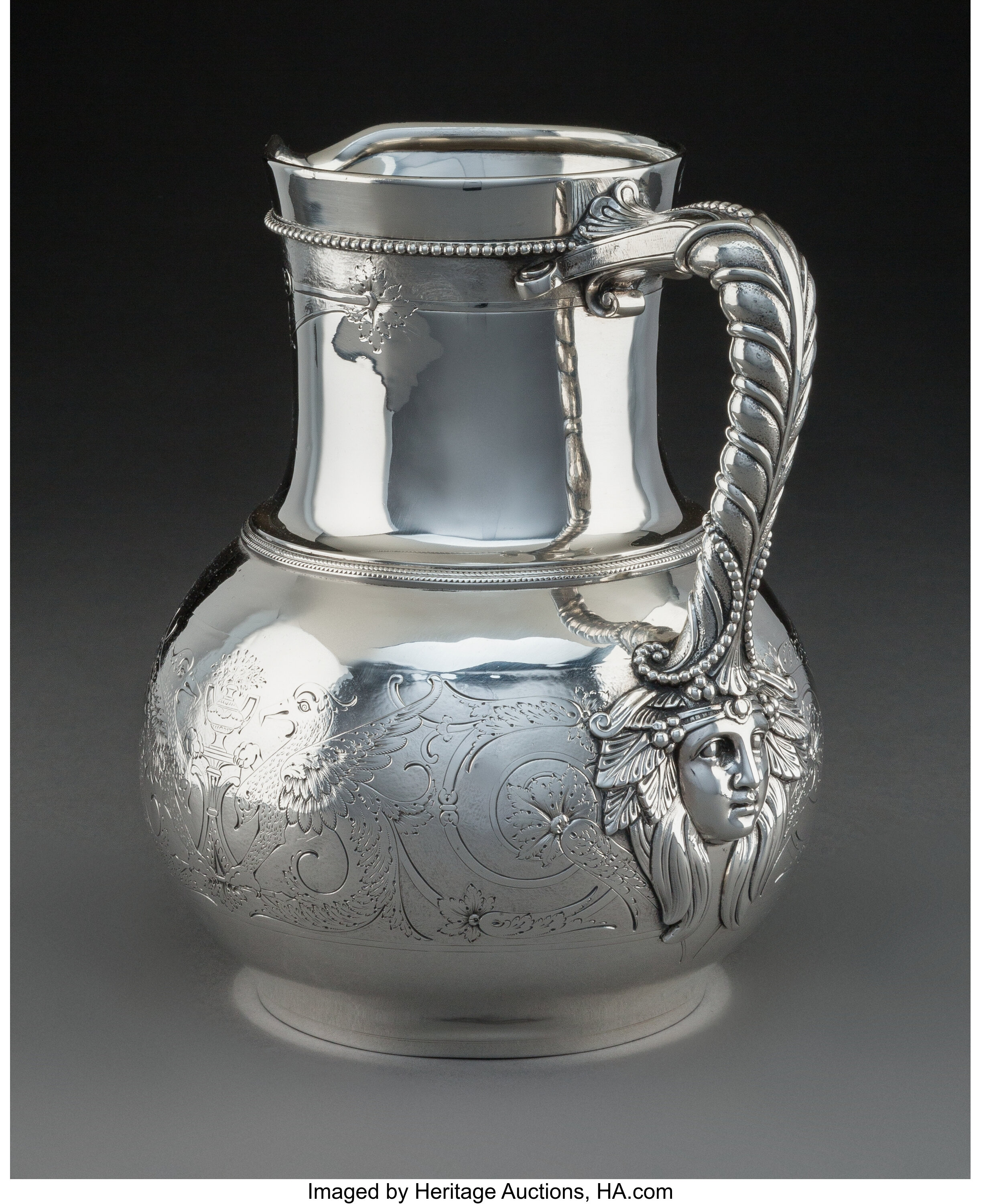 A John C. Moore Silver Pitcher with Masque-Form Handle Join for | Lot ...
