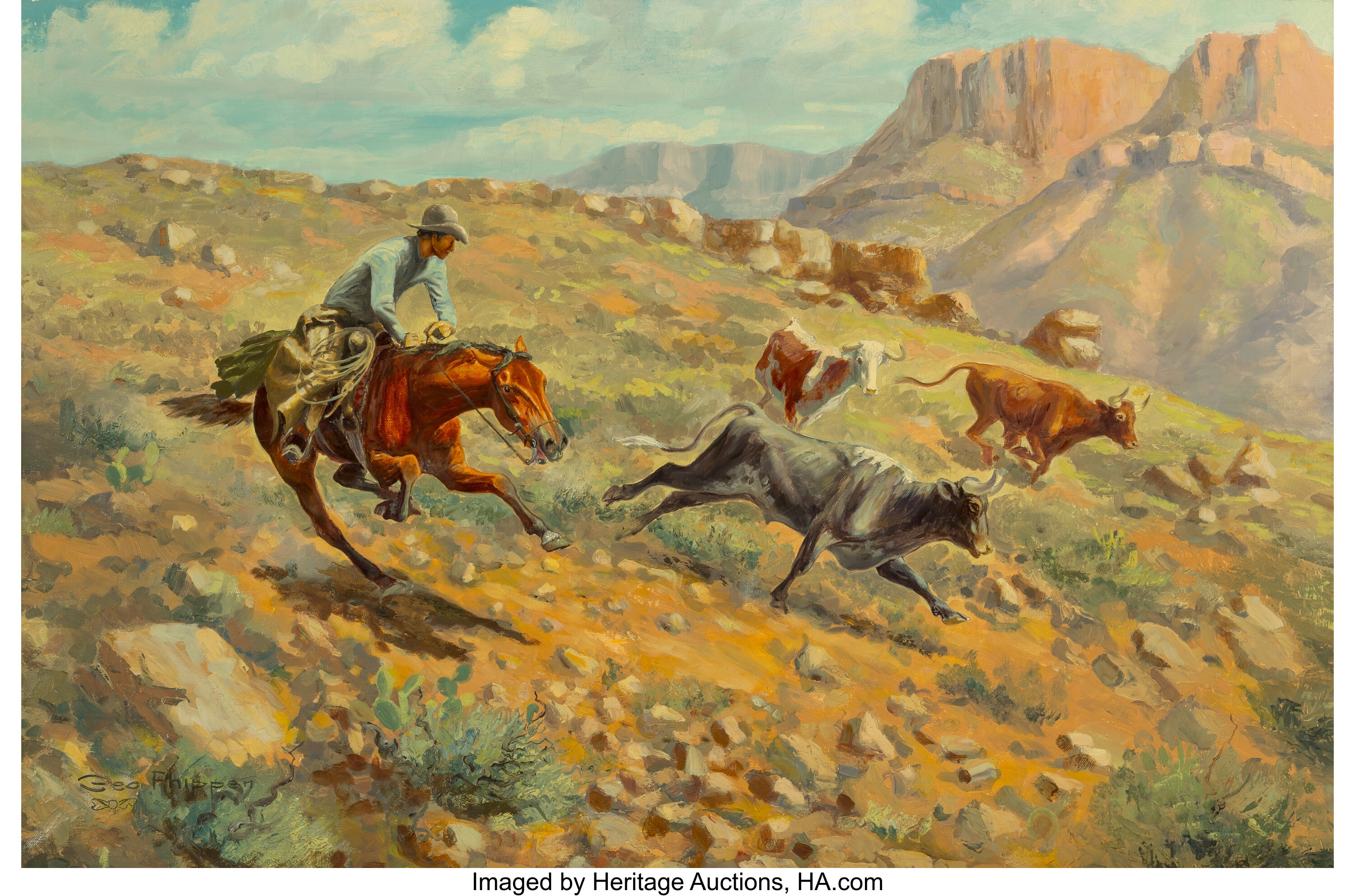 George Phippen (American, 1915-1966). Mexican Doggies. Oil on | Lot ...