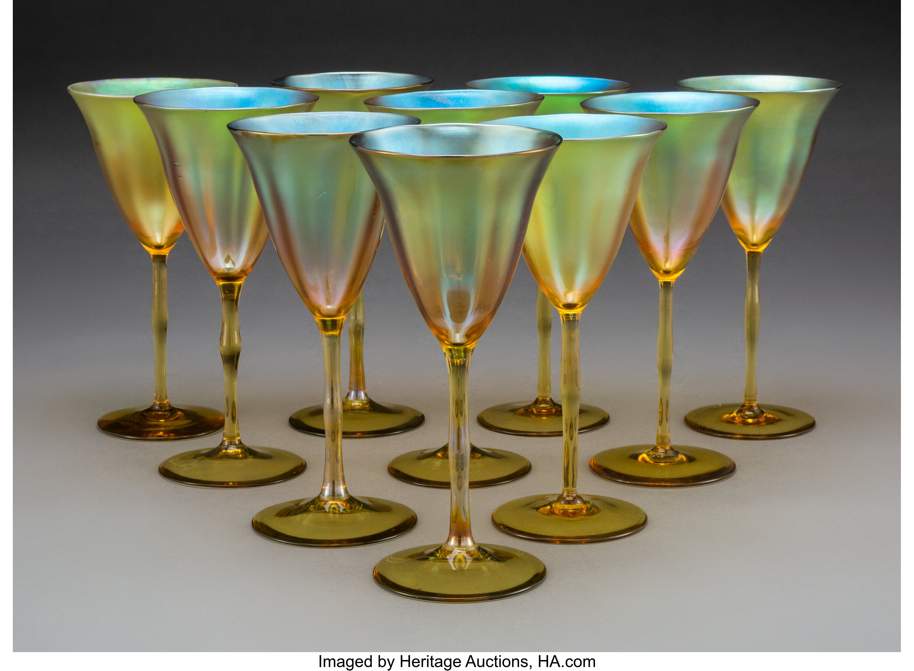 Set of Ten Tiffany Studios Gold Favrile Glass Wine Glasses. Circa | Lot ...