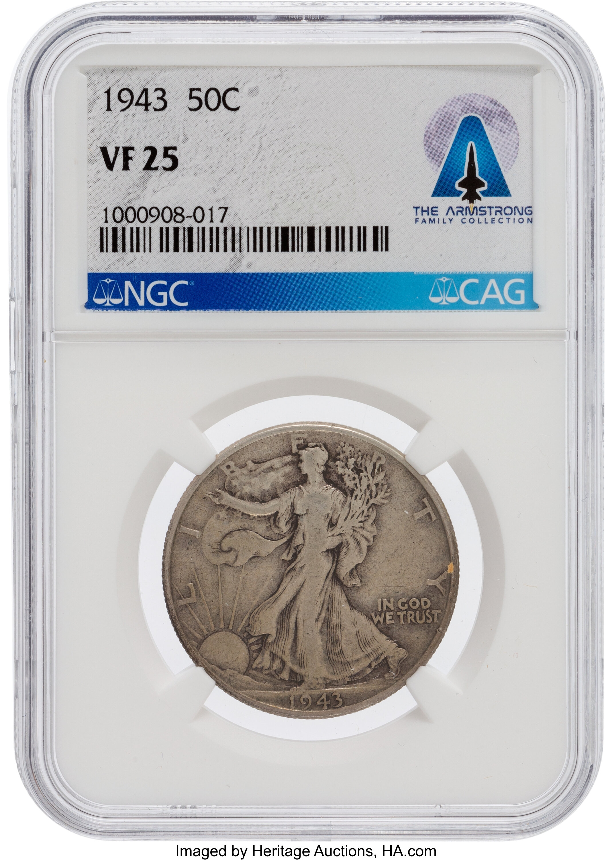 Neil Armstrong Coin Collection: 1943 50¢ VF25 NGC Walking Liberty | Lot ...