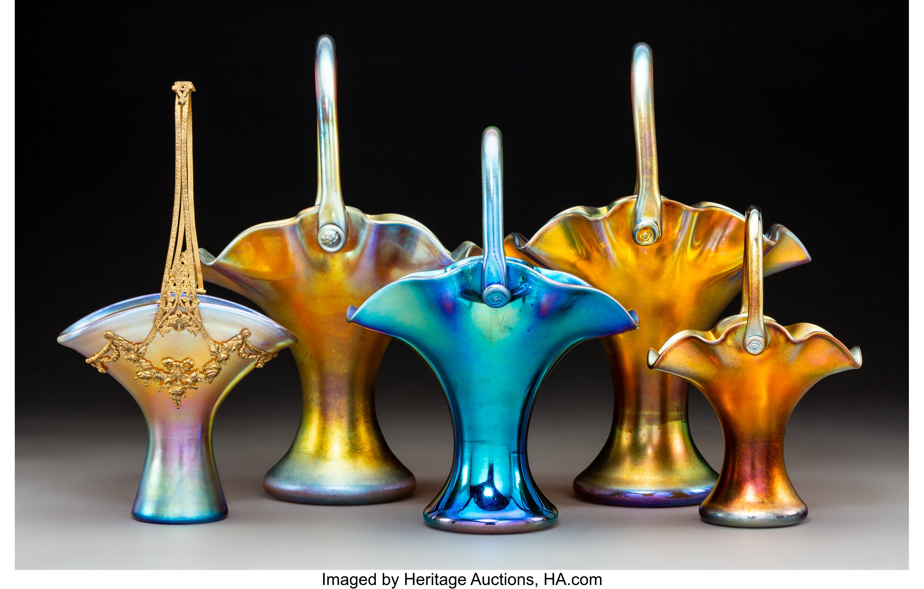 Five Steuben Aurene Glass Baskets. 1903-1932. Incised to four of | Lot ...