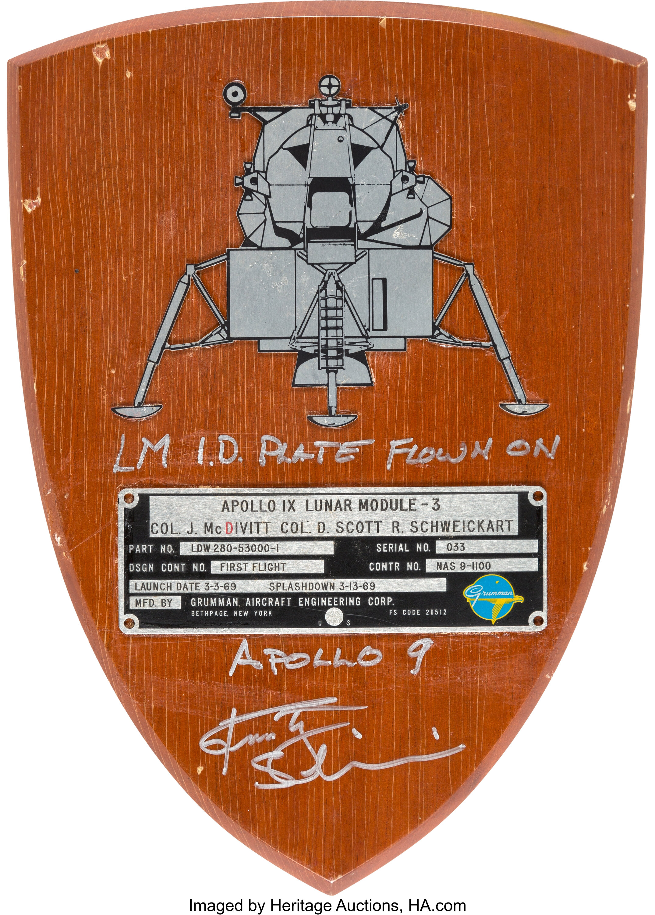 Apollo 9 Lunar Module Flown Spacecraft Identification Plate Display ...