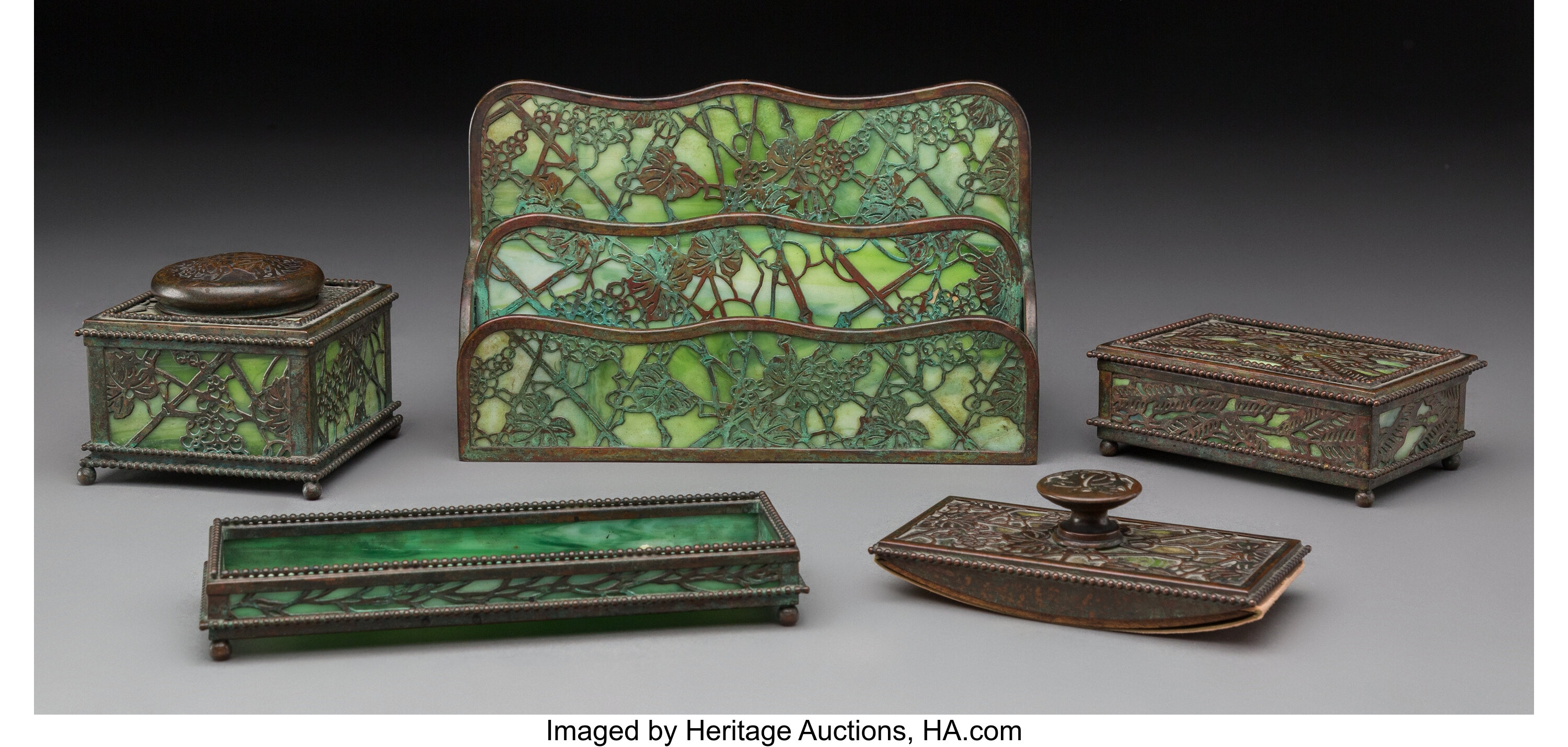 Five-Piece Assembled Tiffany Studios Bronze and Glass Desk Set. | Lot ...